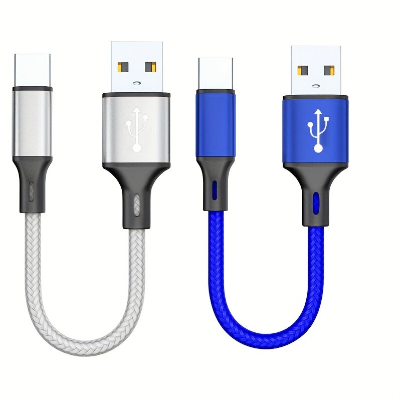 Кабель USB-Type C для зарядки и передачи данных, плетеный нейлоновый, ультракороткий 9,84 дюйма, 2 шт, синий с серебристым
