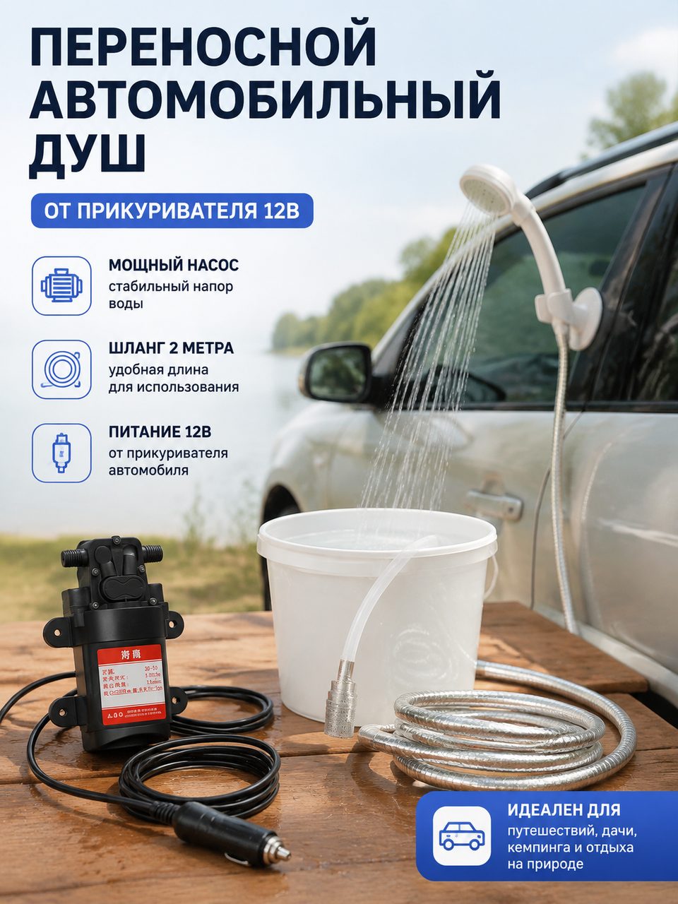 Переносной автомобильный душ, от прикуривателя 12В, 2м, с насосом, разноцветный
