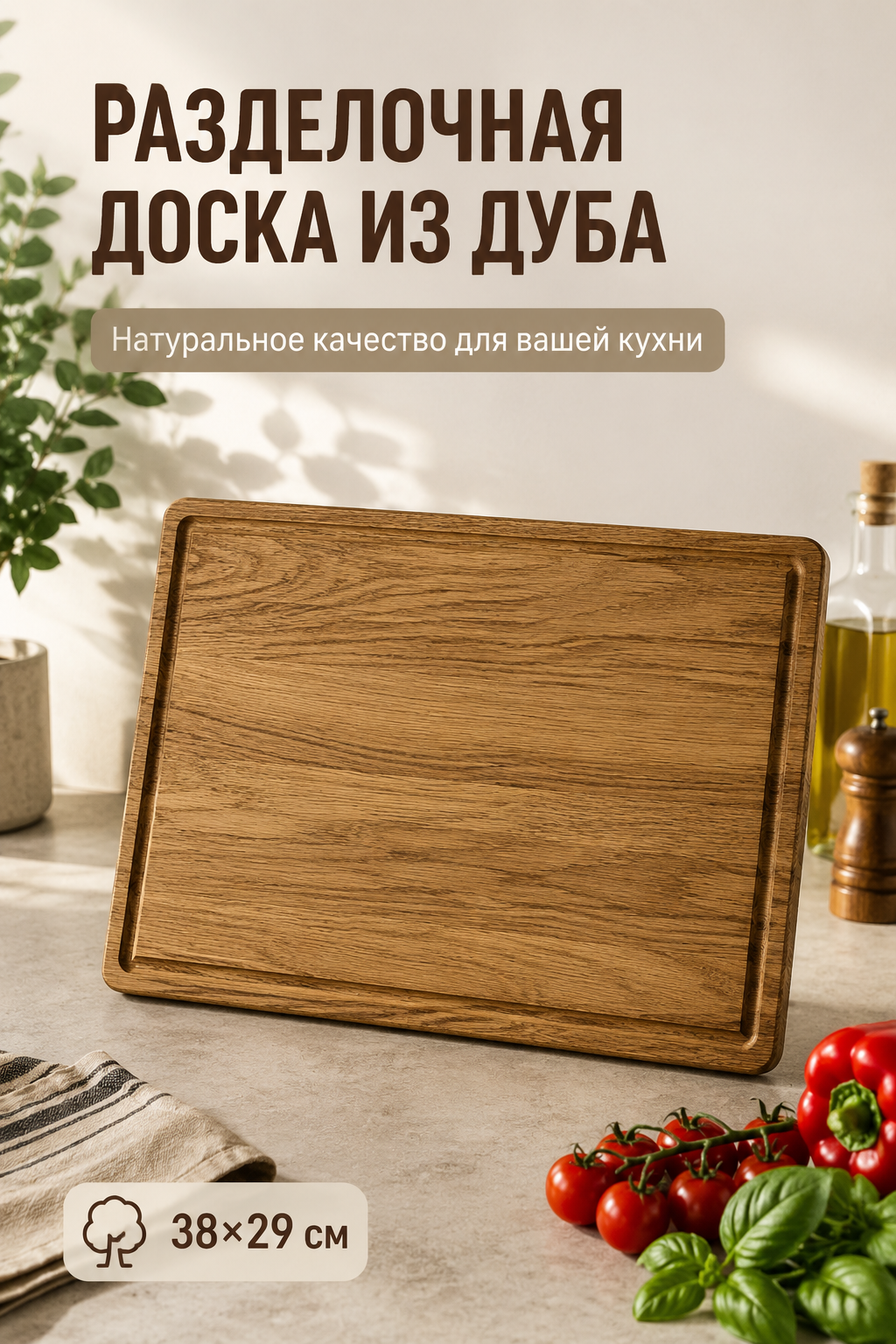 Деревянная разделочная доска из дуба, прямоугольная, 38×29 см