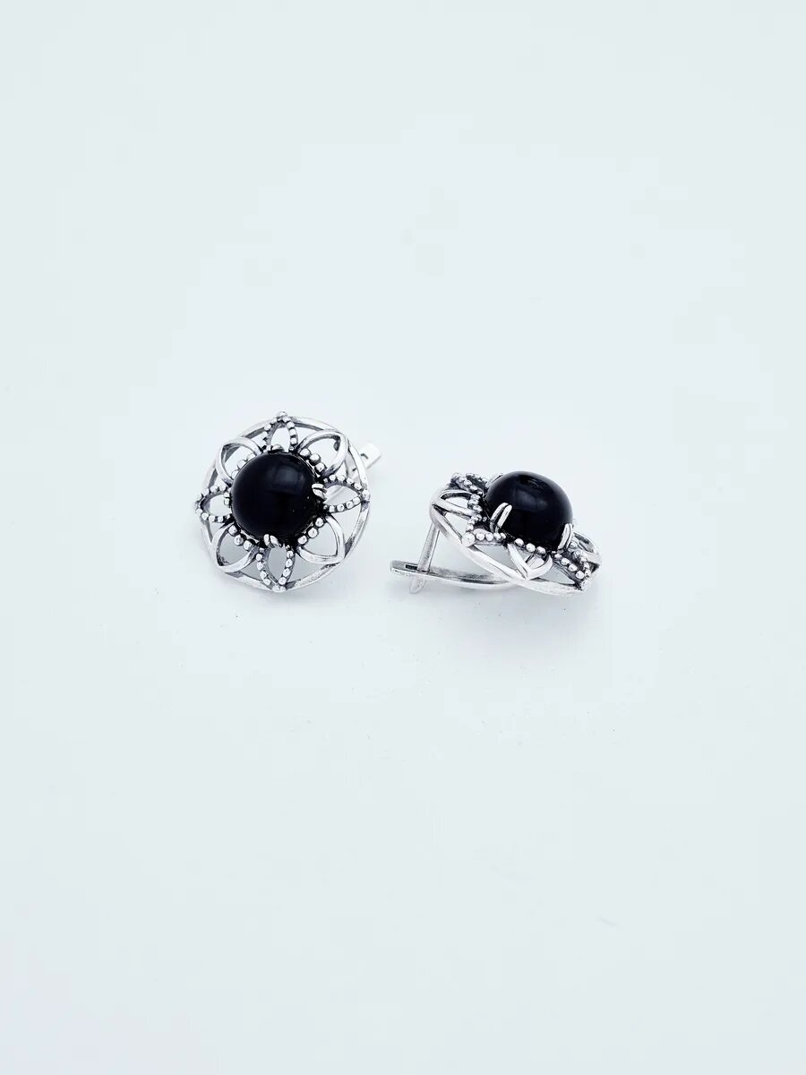 Серьги БРЮС, серебро, 925 проба, обсидиан
