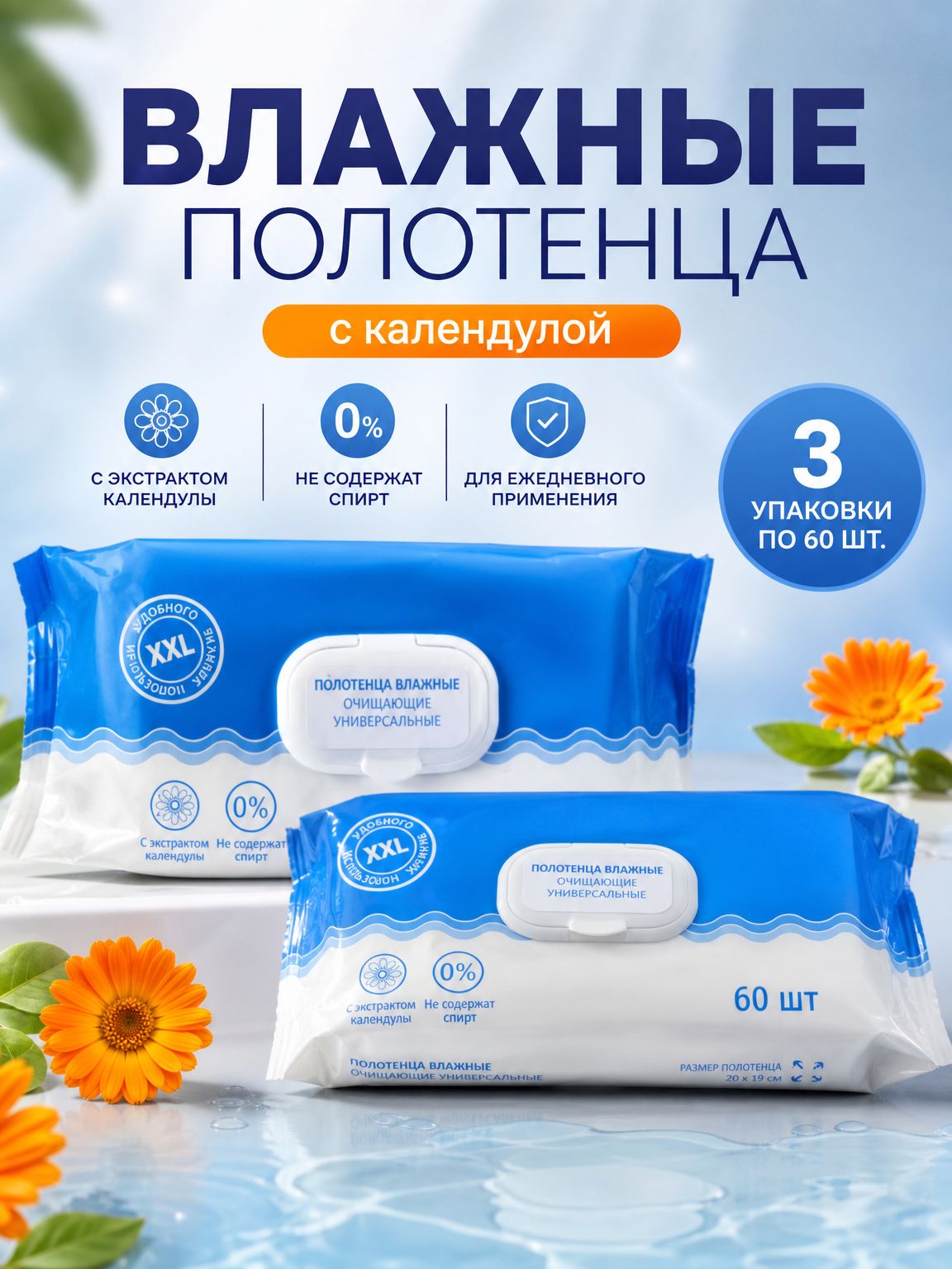 Полотенца PR супер влажные XXL с календулой с клапаном, 3 упаковки 60 шт.