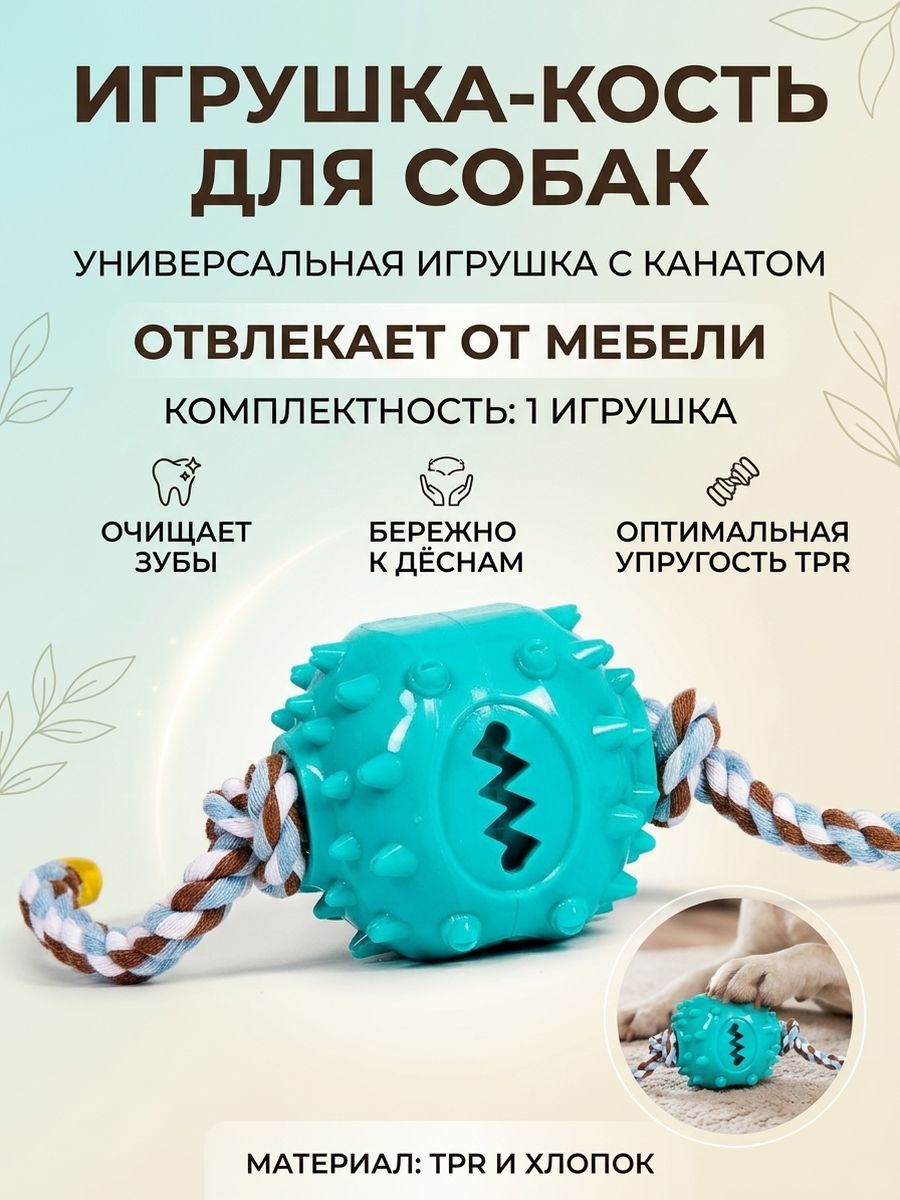 Игрушка для собак мяч на верёвке жевательный, TPR чистка зубов и дёсен, зеленый