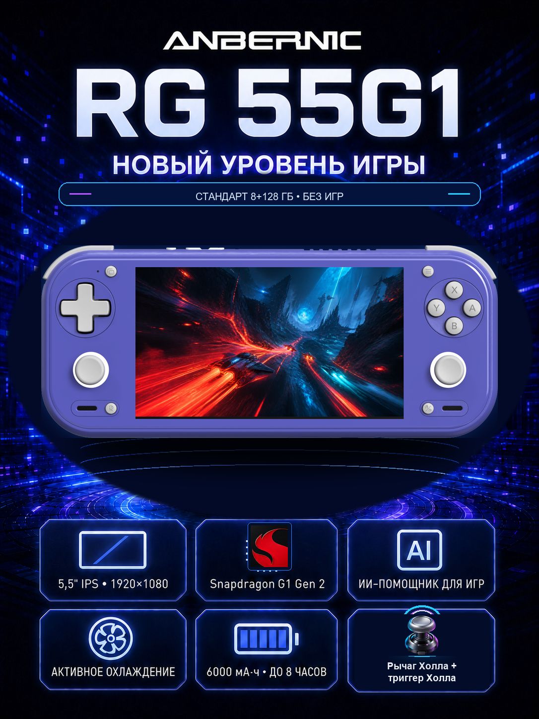 Портативная игровая приставка ANBERNIC RG 55G1, Snapdragon G1 Gen 2, 5.5" IPS 1080p, Android 14, 8/128 ГБ, индиго