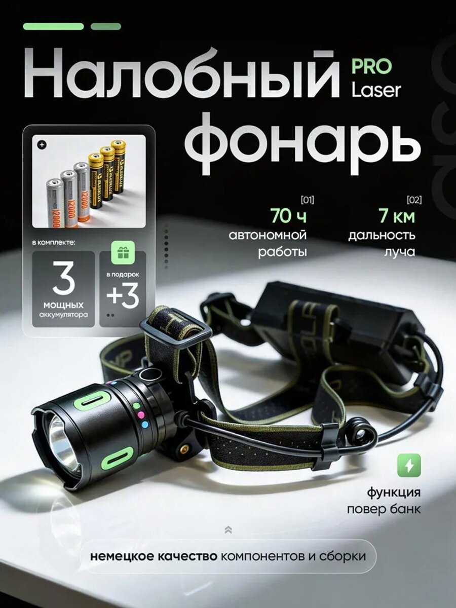 Налобный фонарь 19000 люмен, дальность 4000 м, 8 режимов, IPX6, 6 аккумуляторов