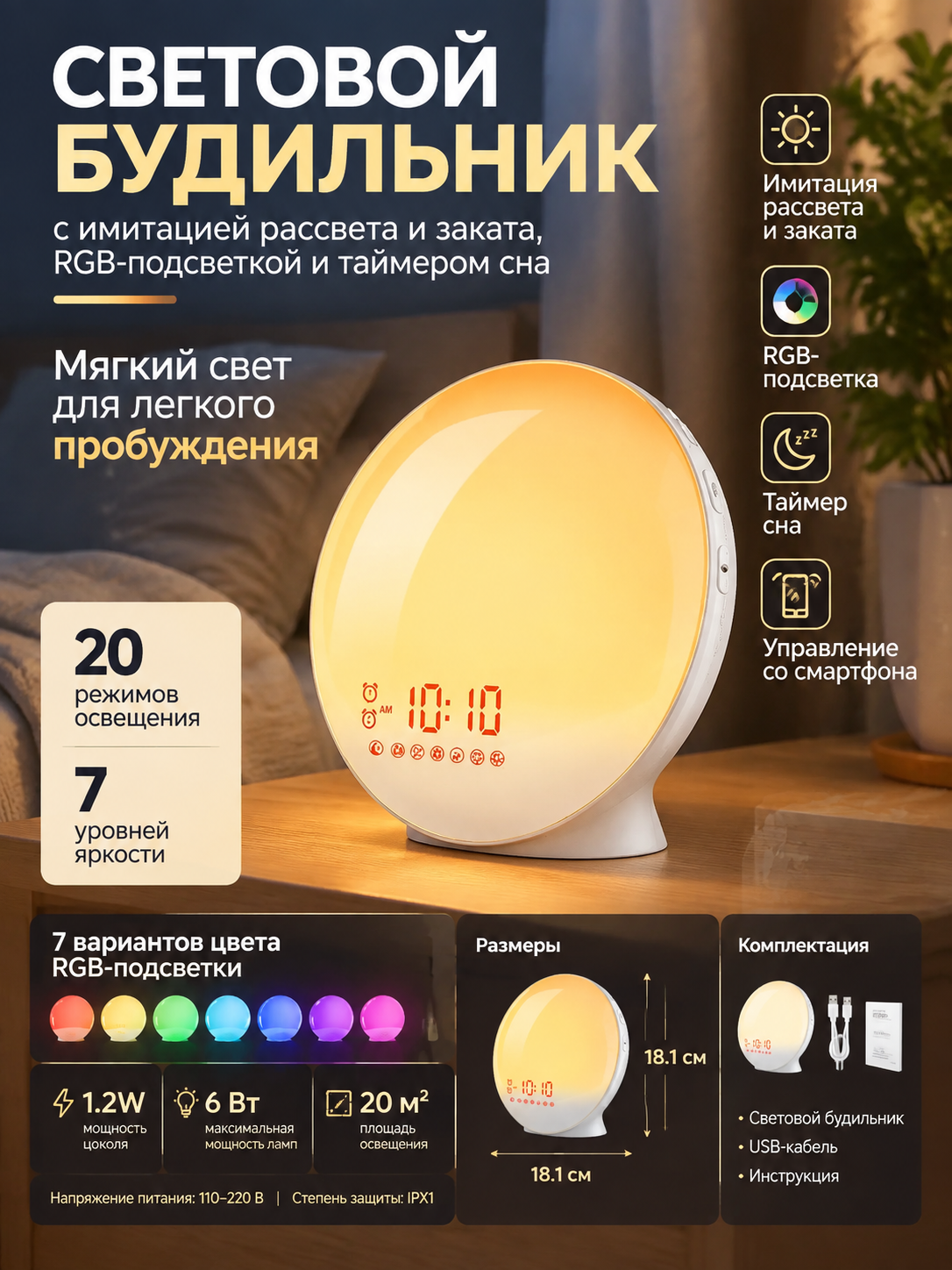 Световой будильник с имитацией рассвета и заката, RGB-подсветкой и таймером сна