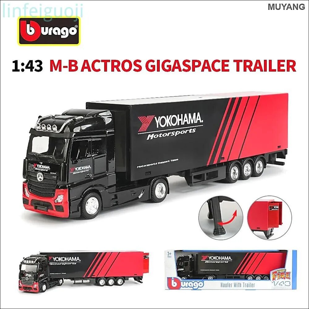 Bburago 1:43 Mercedes-Benz Actros Gigaspace Trailer, Haulers With Trailer отлитая под давлением Коллекционная модель автомобиля