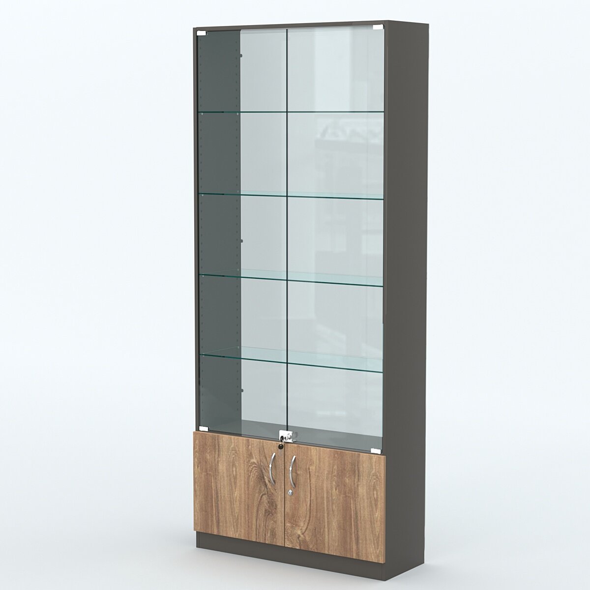 Торговая витрина с 4-мя полками 300x900 мм серии NEXT-4 №12-1 (З/C - стекло), Черный + Дуб Канзас Коричневый