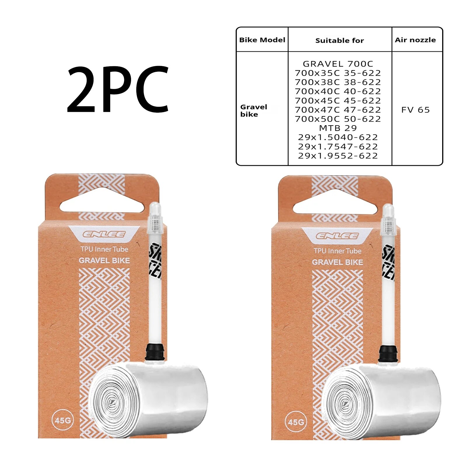 Камера велосипедная ENLEE TPU Presta, Gravel-65mm, 2шт