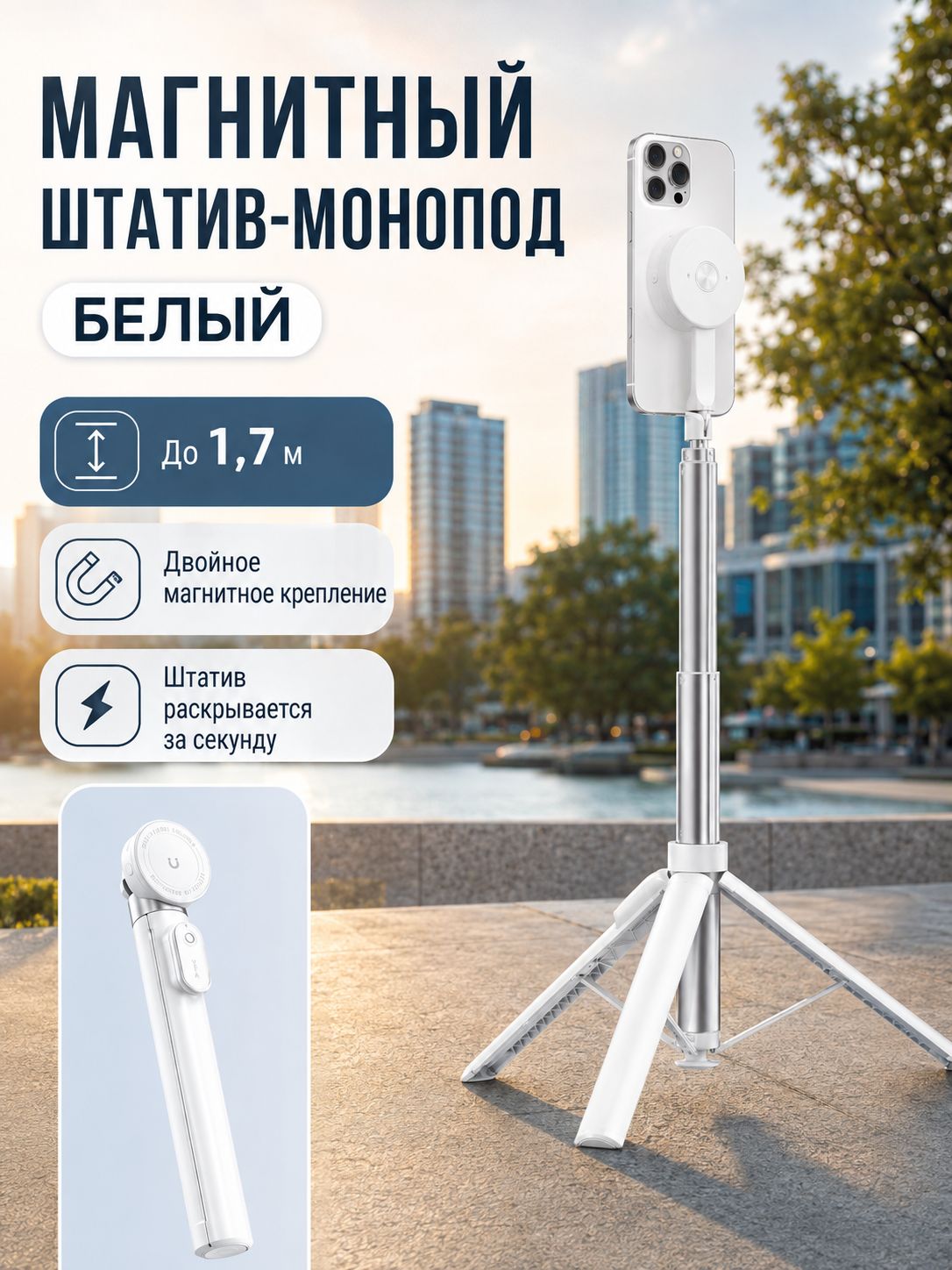 Магнитный штативмонопод для смартфона, высота до 1,7 м, быстросъемная конструкци