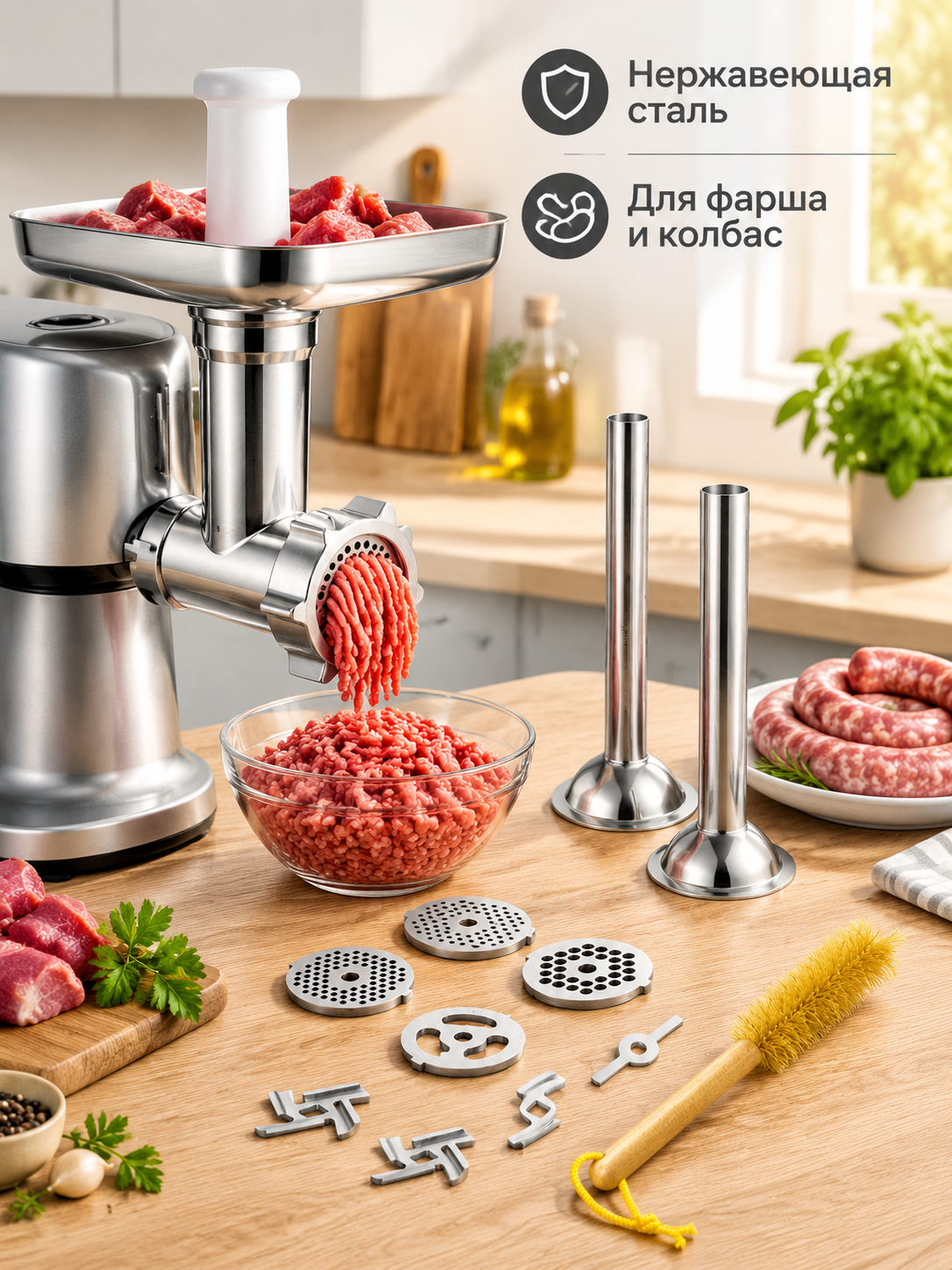 Насадка-мясорубка для кухонной машины, нержавеющая сталь, с перфорированными дисками