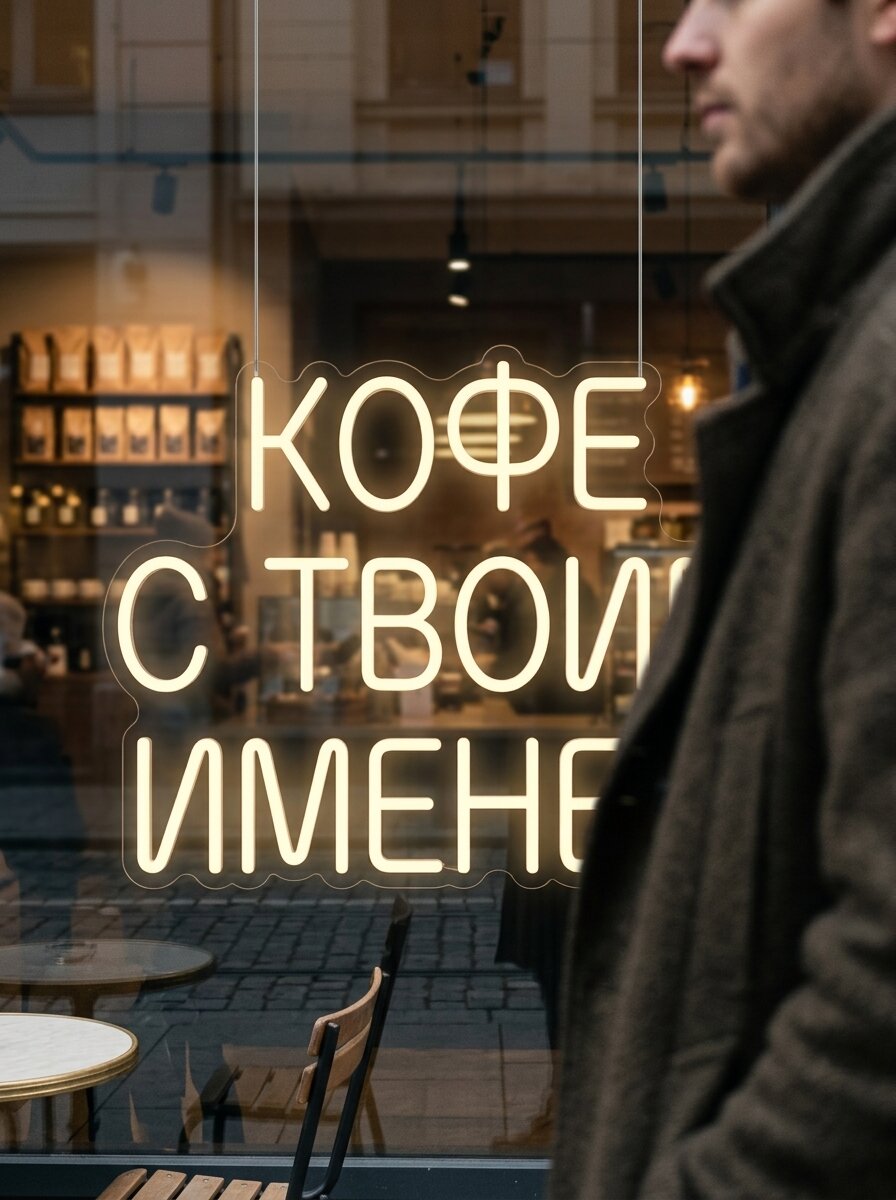 Неоновая вывеска "Кофе с твоим именем" 52х45см, неоновая надпись, LED светильник для кофейни