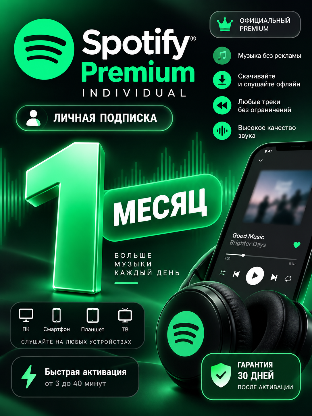Подписка Spotify Premium Individual на 1 месяц, для личного аккаунта, цифровой ключ