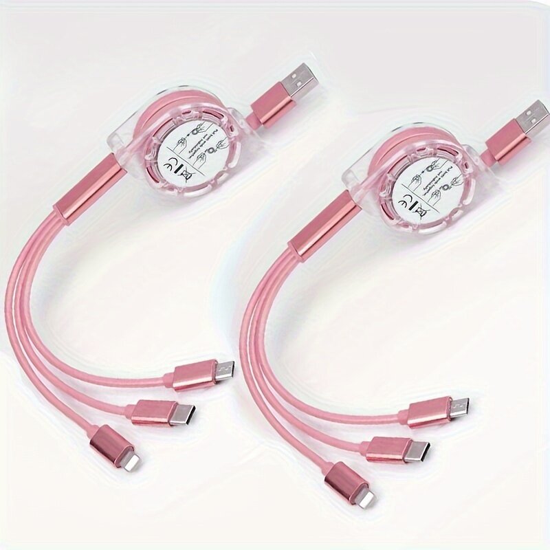 Складной универсальный зарядный кабель 3-в-1 с разъемами Lightning, Micro USB и Type-C, растягивающийся, компактный, без запутывания, для смартфонов и планшетов, комплект 2 шт, цвет розовое золото