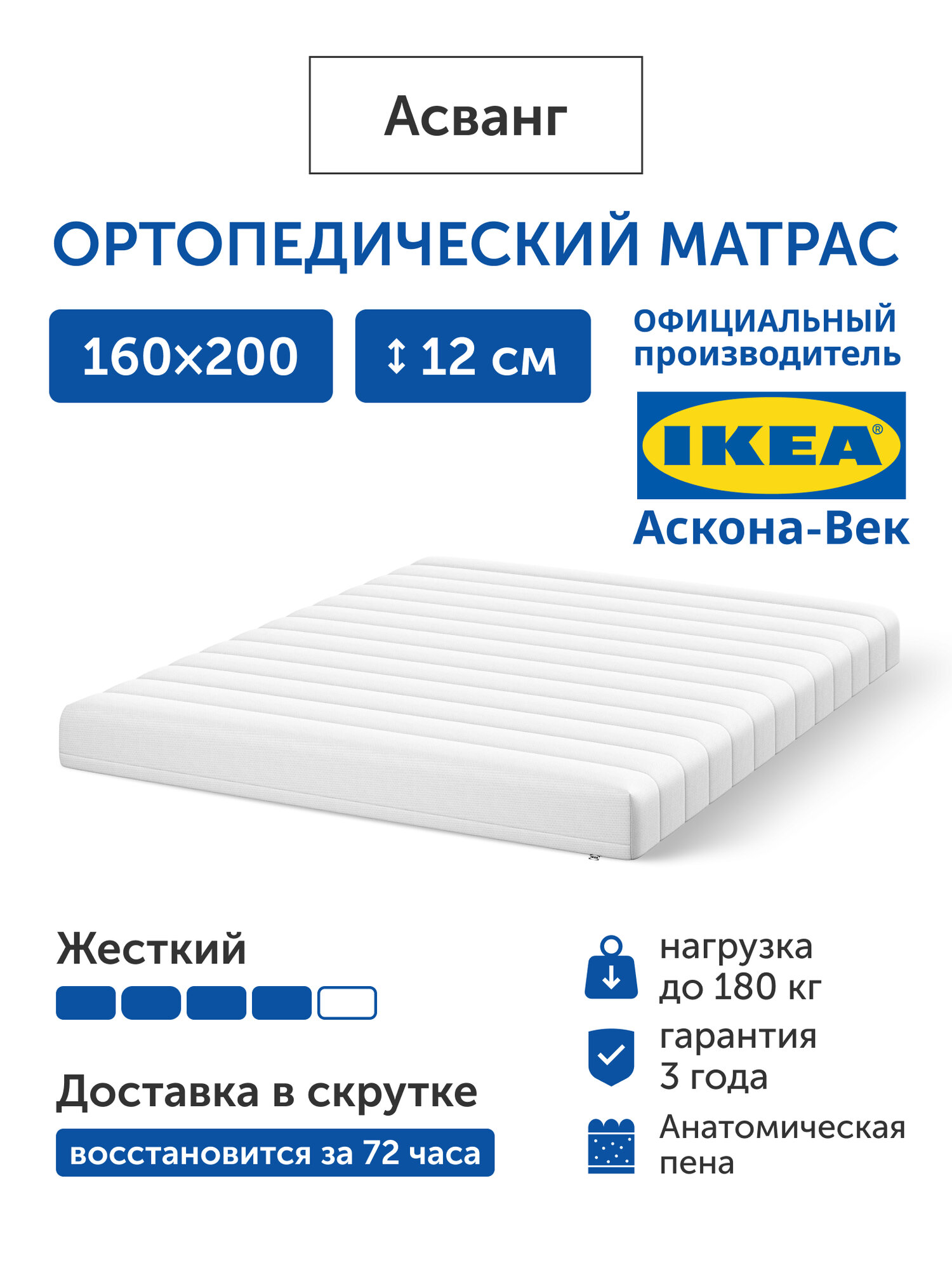 Ортопедический матрас IKEA/Икеа Асванг, беспружинный, 160х200 см