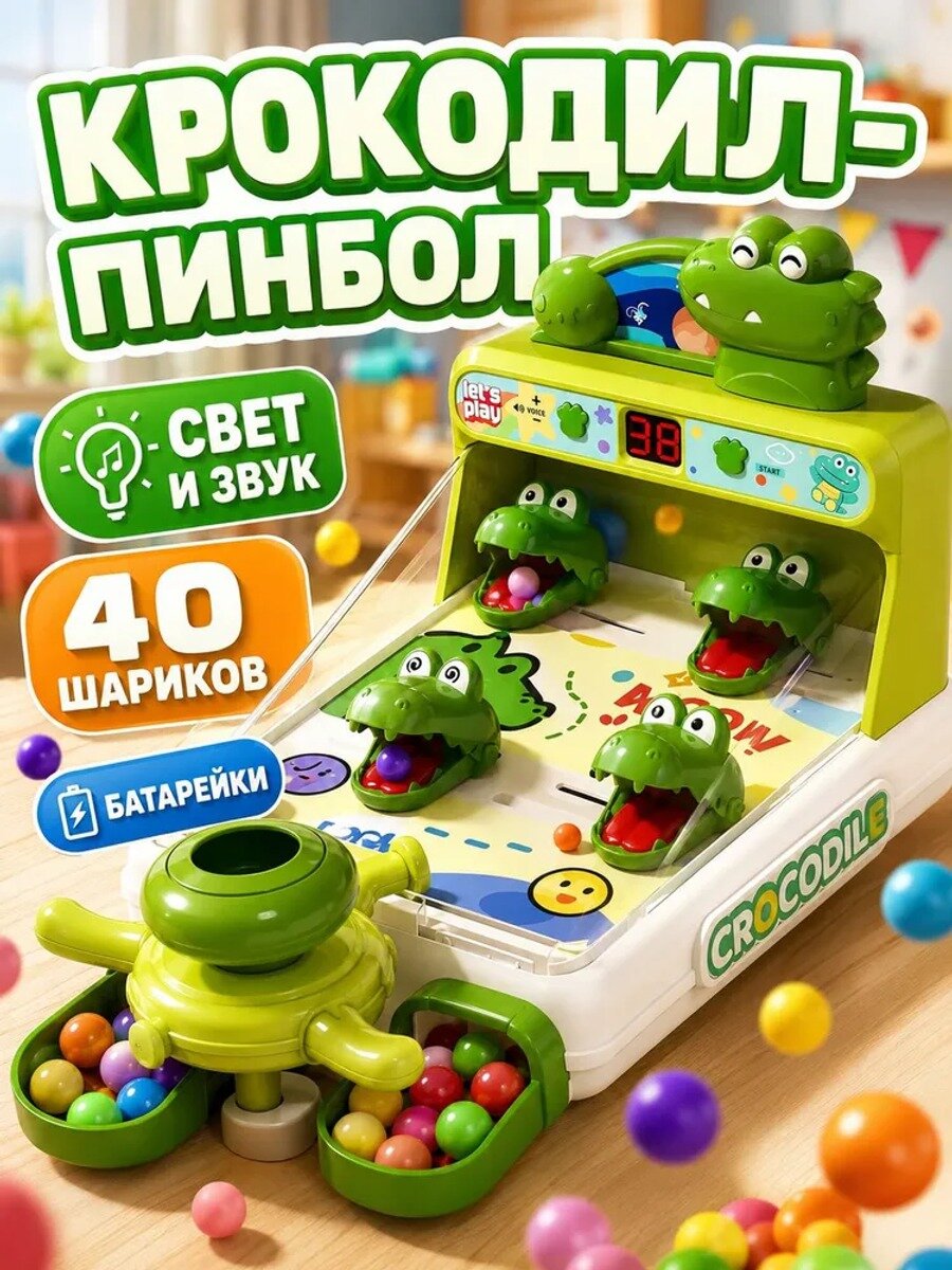 Детский игровой автомат настольный пинбол «Крокодил»: свет, звук, 40 шариков, от 3 лет