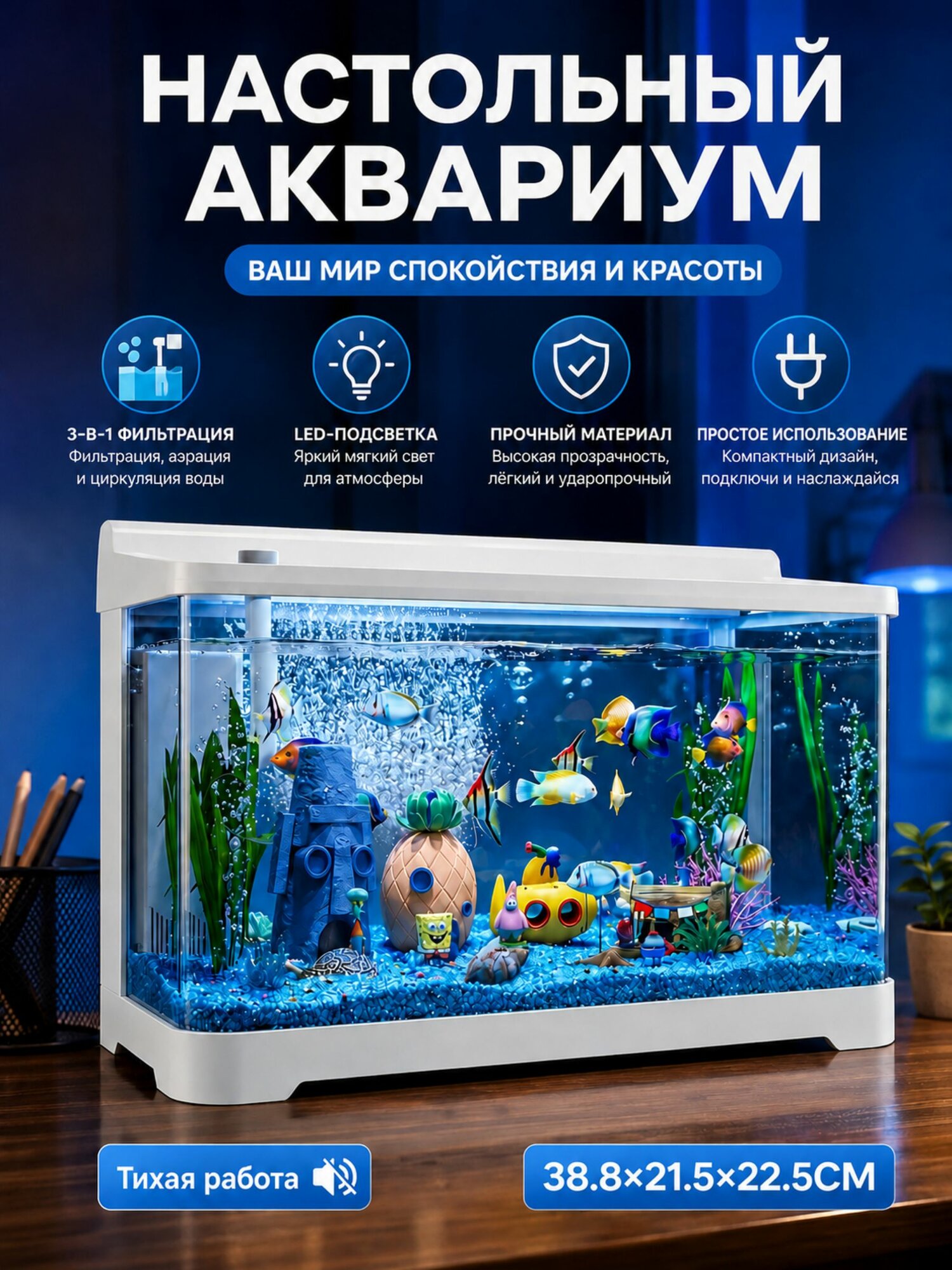 Аквариум для рыб 16 л с фильтром насосом LED подсветкой и декором, панорамный настольный аквариум набор для начинающих с домиком ананасом