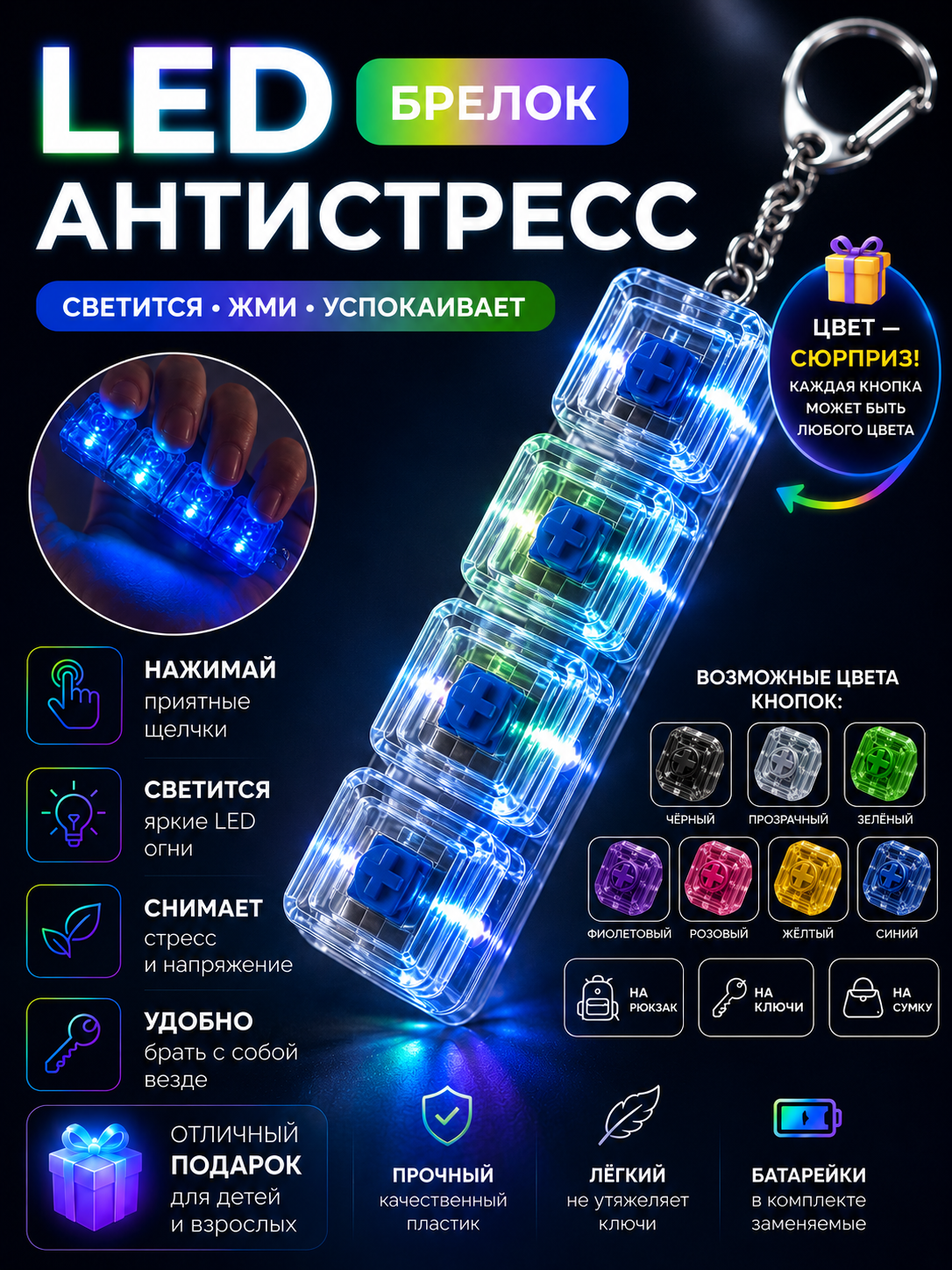 Брелок-антистресс, клавиатура светящийся игрушка, кликер с кнопками