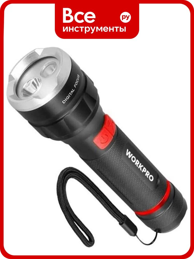 Фонарик WORKPRO цифровой фокус, 4 режима осв, 100м, аккум.2000mAH, зарядка USB-TYPE C, алюминиевый WP351010
