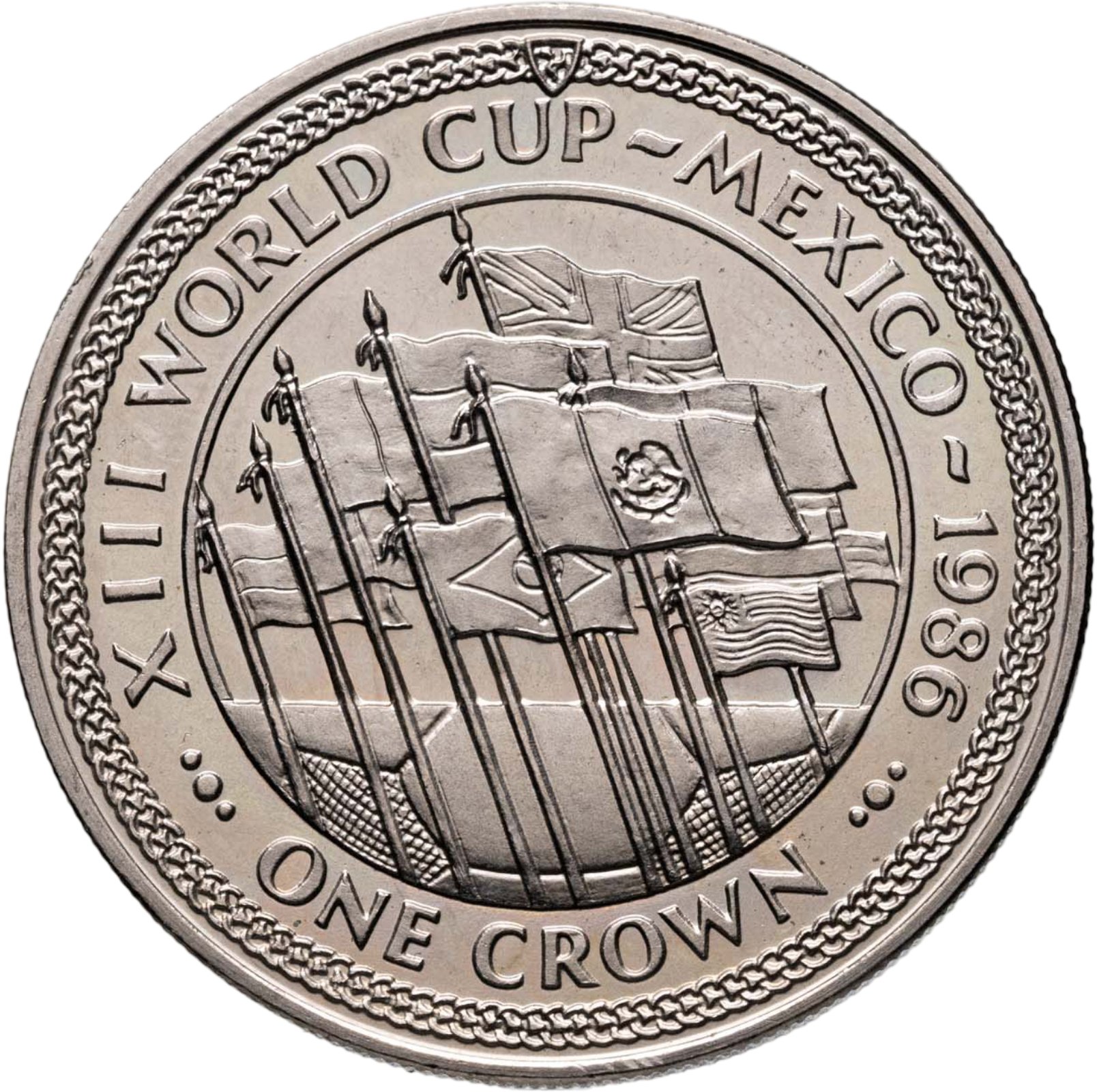 Остров Мэн 1 крона crown 1986 "Чемпионат мира по футболу 1986, Мексика", Мельхиор медь-никель 925, в сохранности BUNC