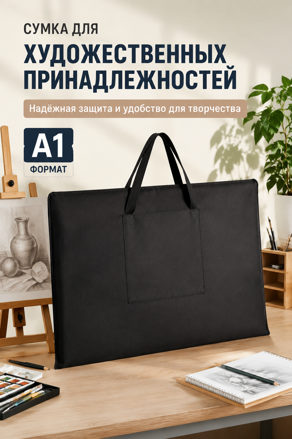 Сумка для художественных принадлежностей A1, оксфорд, чёрная, 96×69,5 см
