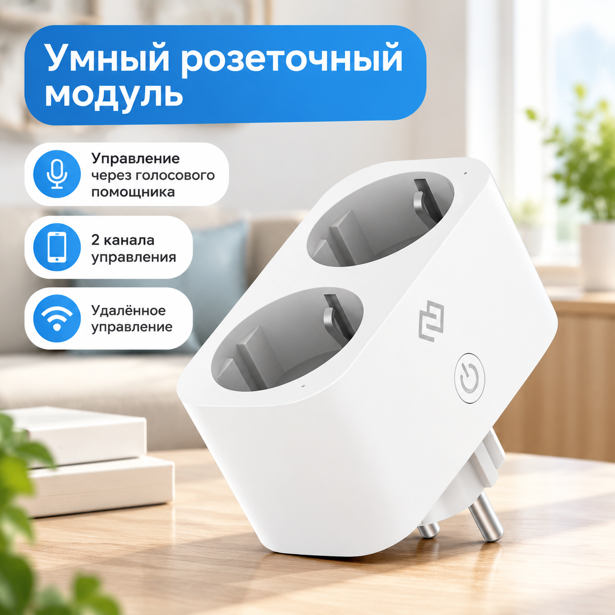 Умная Wi-Fi розетка EU 16A 2 гнезда, таймер, голосовое управление, защита от перегрузки, белая для дома