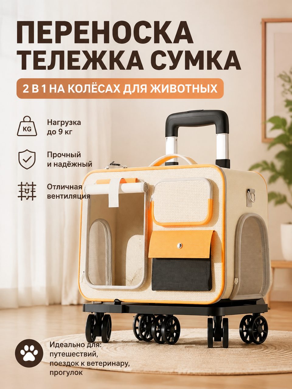 Переноска тележка сумка 2 в 1 на колёсах для животных, Съемный, нагрузка до 9 кг
