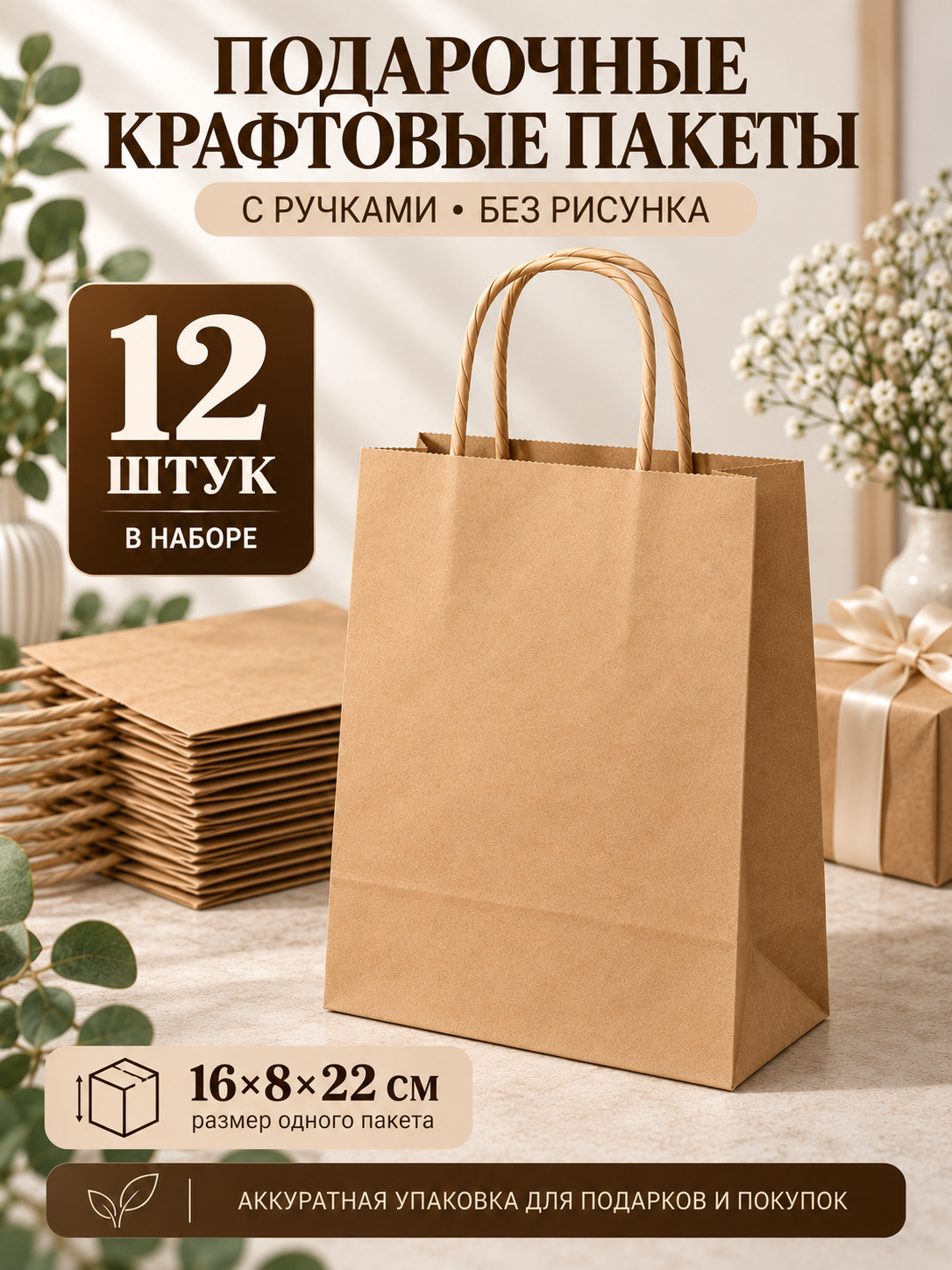 Подарочные крафтовые пакеты с ручками 16х8х22 см, набор 12 шт