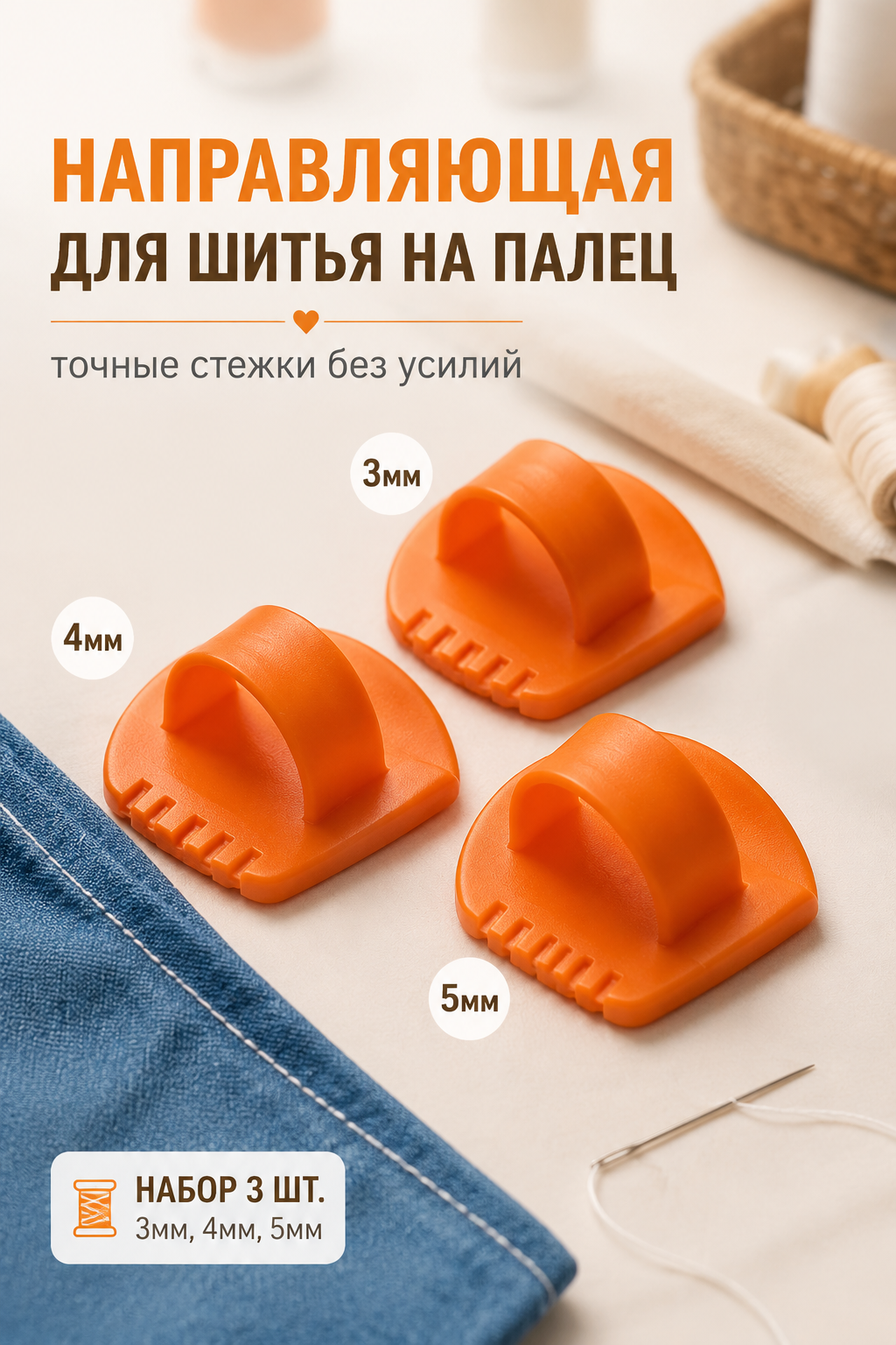 Направляющая для шитья на палец, набор 3 шт. с шагом 3, 4 и 5 мм