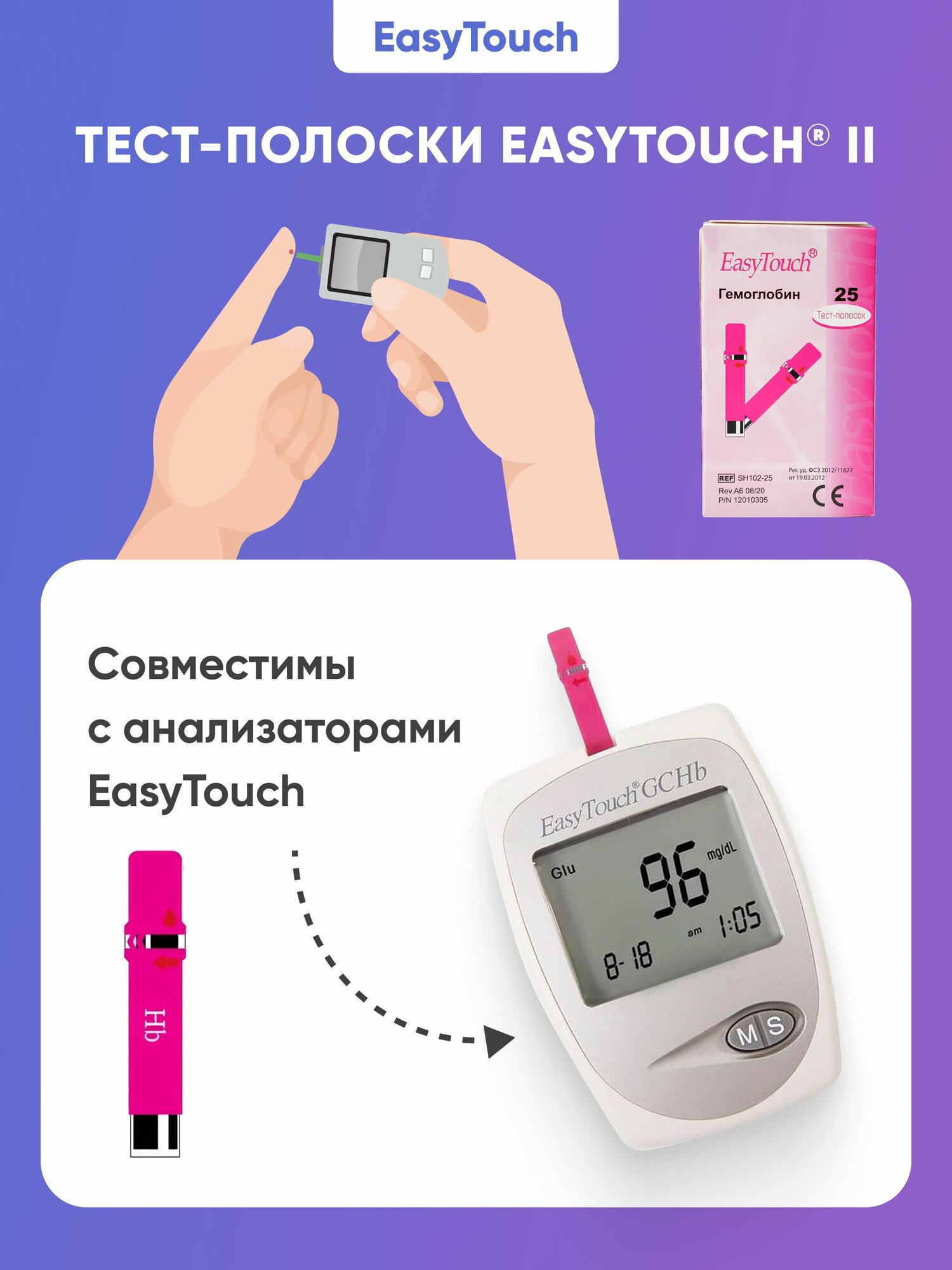 Тест-полоски на гемоглобин для глюкометра "EasyTouch" (ИзиТач), 25 шт