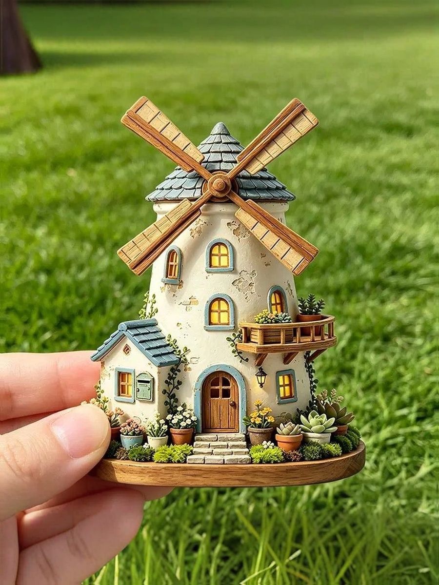 Милый 3D-магнит с домиком-ветряной мельницей и суккулентами, декор для холодильника