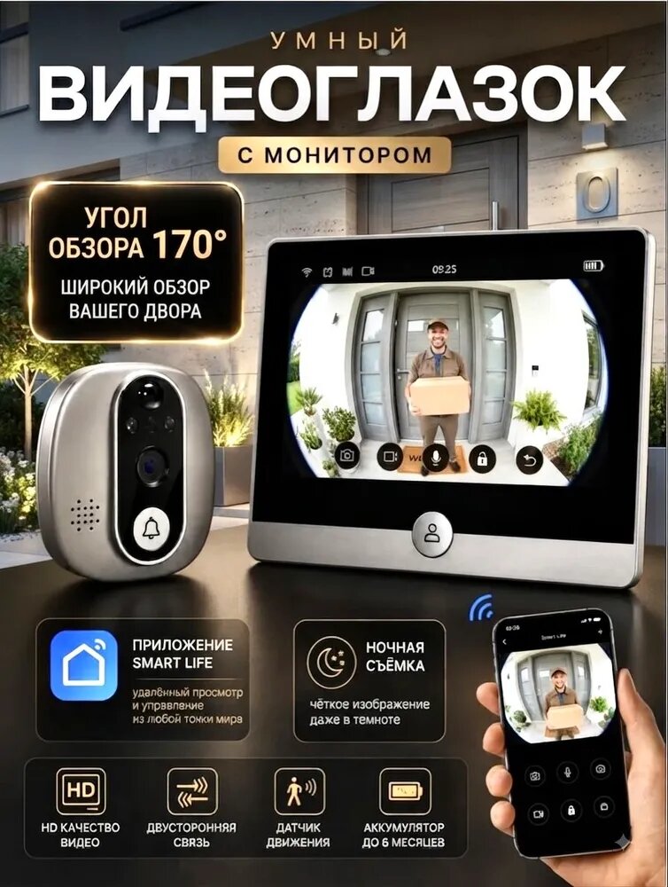 Видеоглазок для входной двери WI-FI, со звонком и двусторонней связью
