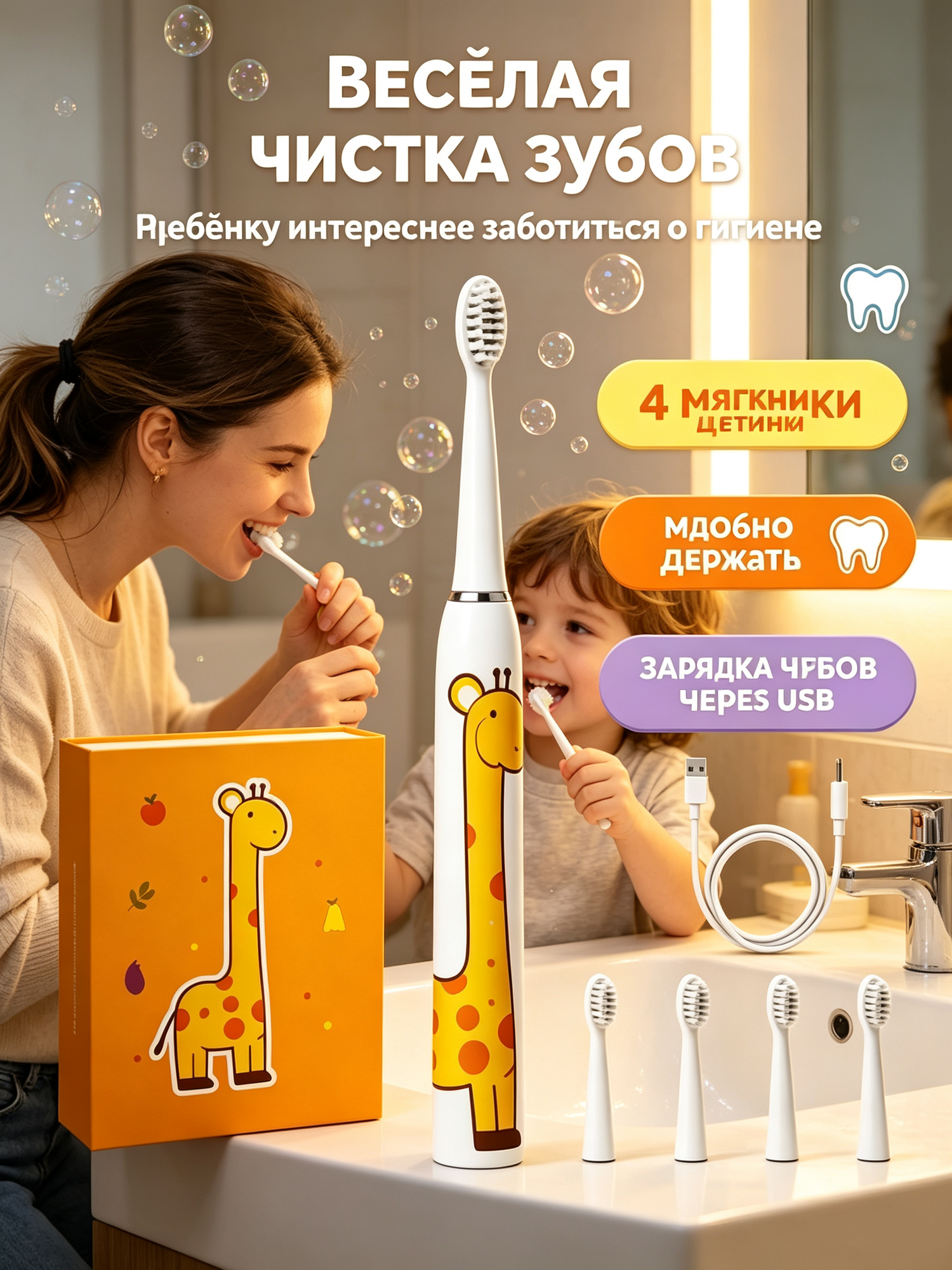 Детская электрическая зубная щётка с 5 режимами очистки, мягкой щетиной и комплектом из 4 сменных насадок