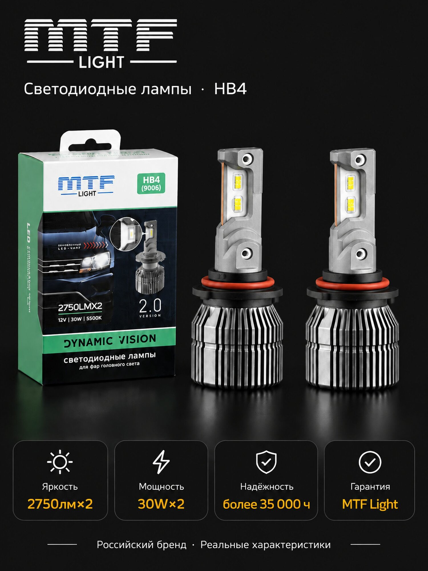 Лампы светодиодные автомобильные MTF Light Dynamic Vision HB4/9006, 5500 К, 2 шт.