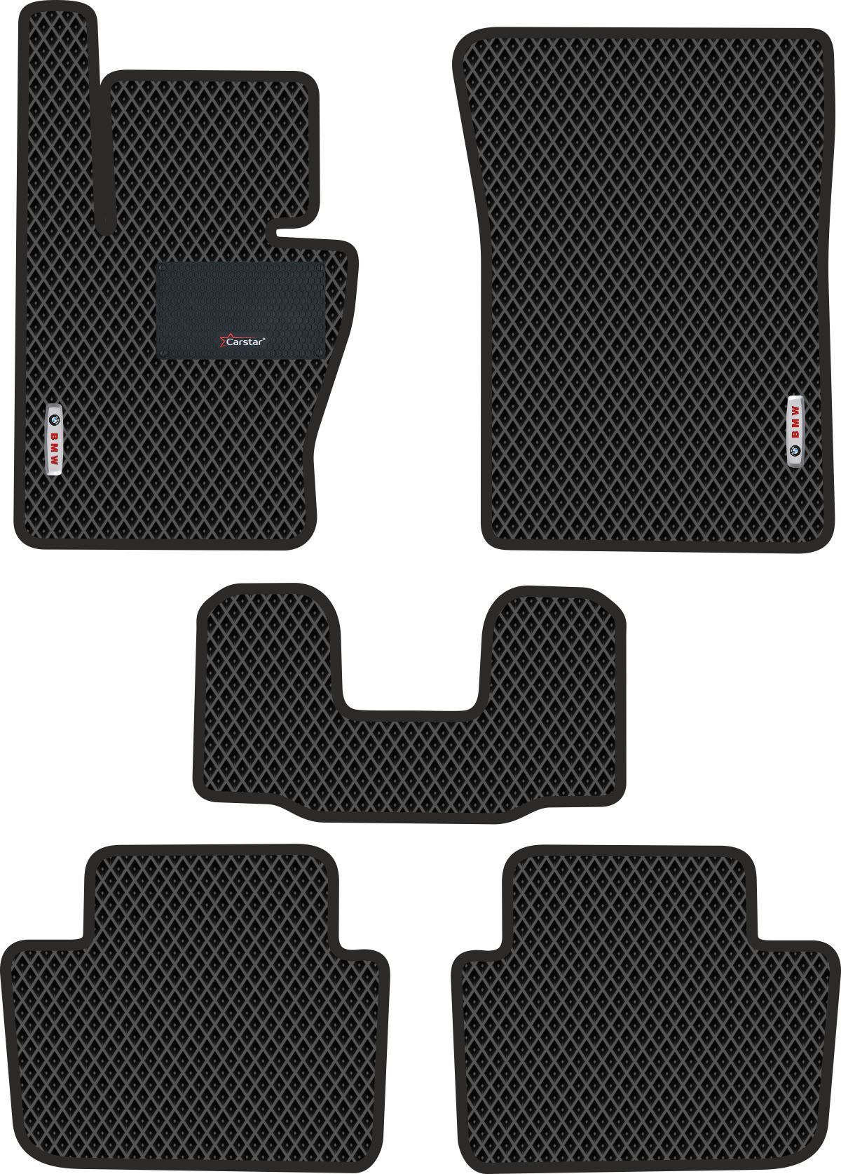 Автомобильные коврики EVA для BMW X3 I E83 (2003-2010), с каучуковым подпятником и 2 эмблемами BMW, чёрные с чёрным кантом, ячейка - ромб