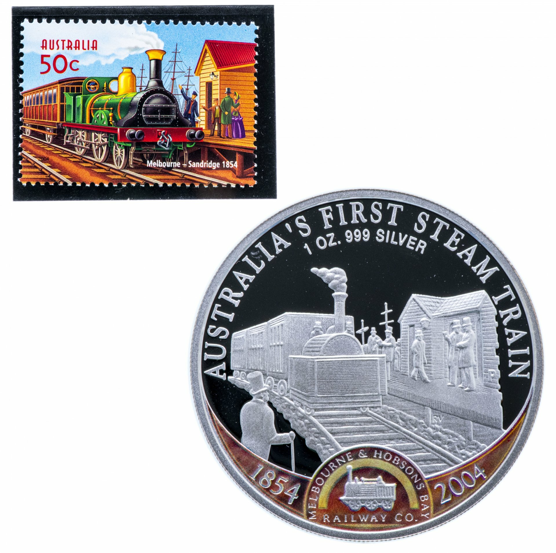 Острова Кука 1 доллар 2004 Proof "150 лет первому паровозу Австралии" с маркой, Серебро 999