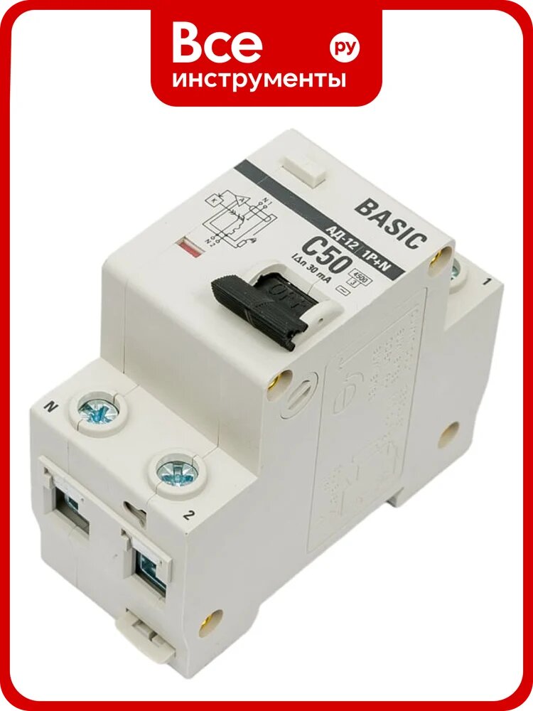 Дифференциальный автомат EKF Basic АД-12, 1P+N, 50А, 30мА, тип АС, характеристика C, электронный, 4,5кА, DA12-50-30-bas