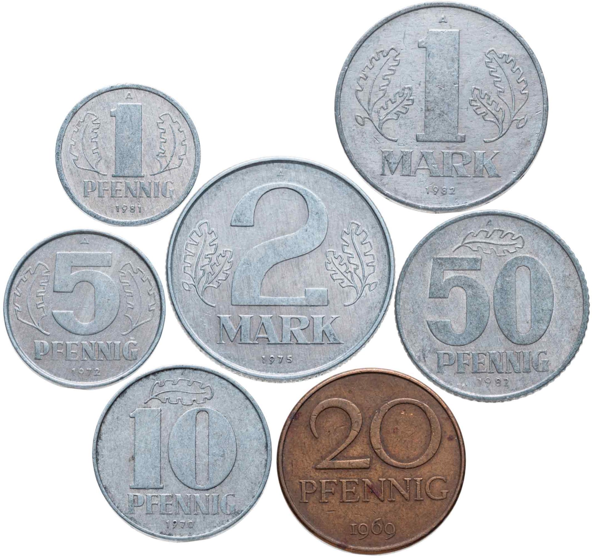 Германия ГДР, набор из 7 монет 1968-1989 годов, Алюминий, Латунь, в сохранности VF-XF