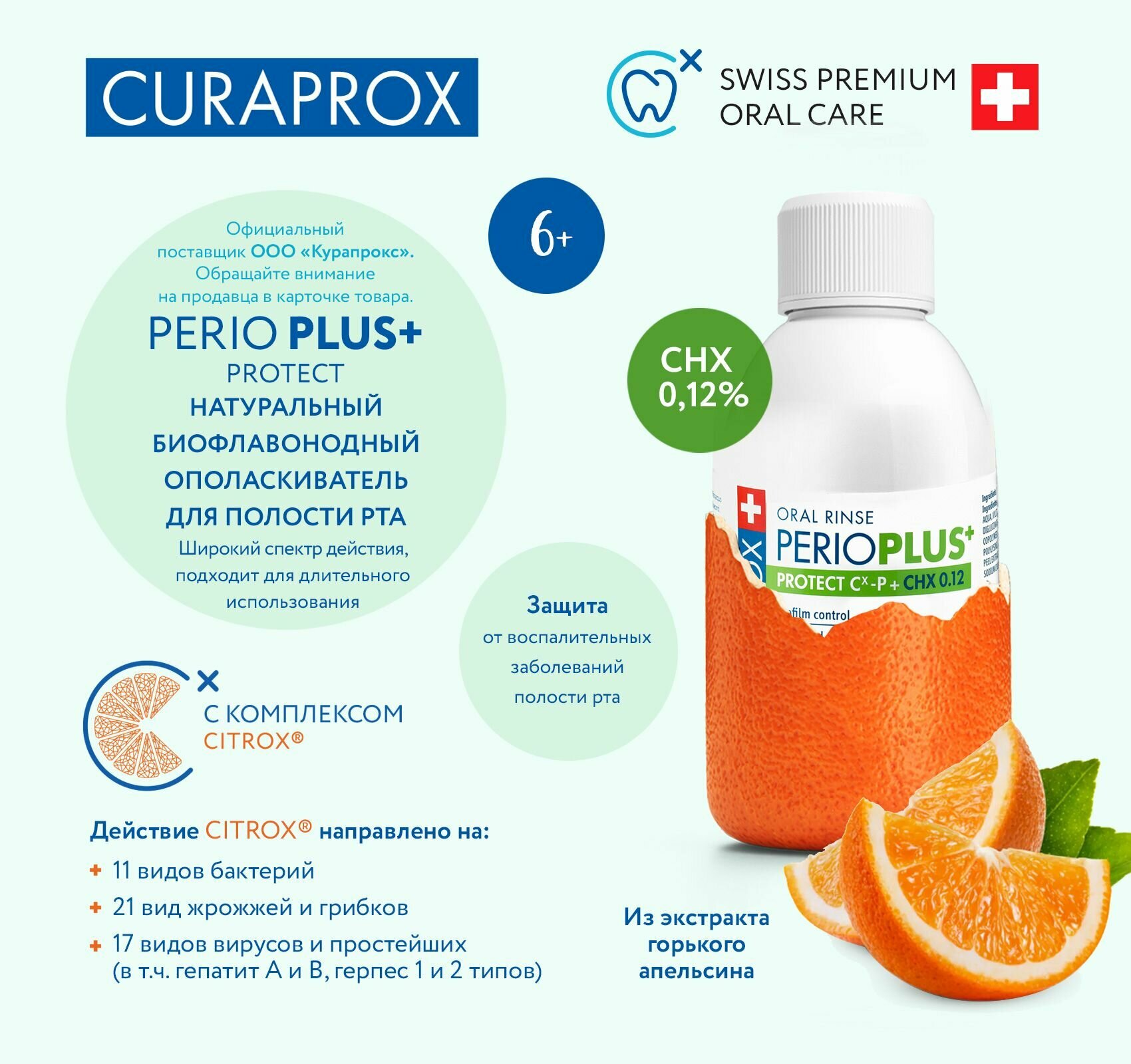 CURAPROX Лечебный ополаскиватель для полости рта с хлоргексидином 0,12% для взрослых и детей от 6 лет, для профилактики возникновения кариеса и заболеваний полости рта жидкость Perio Plus 200 мл