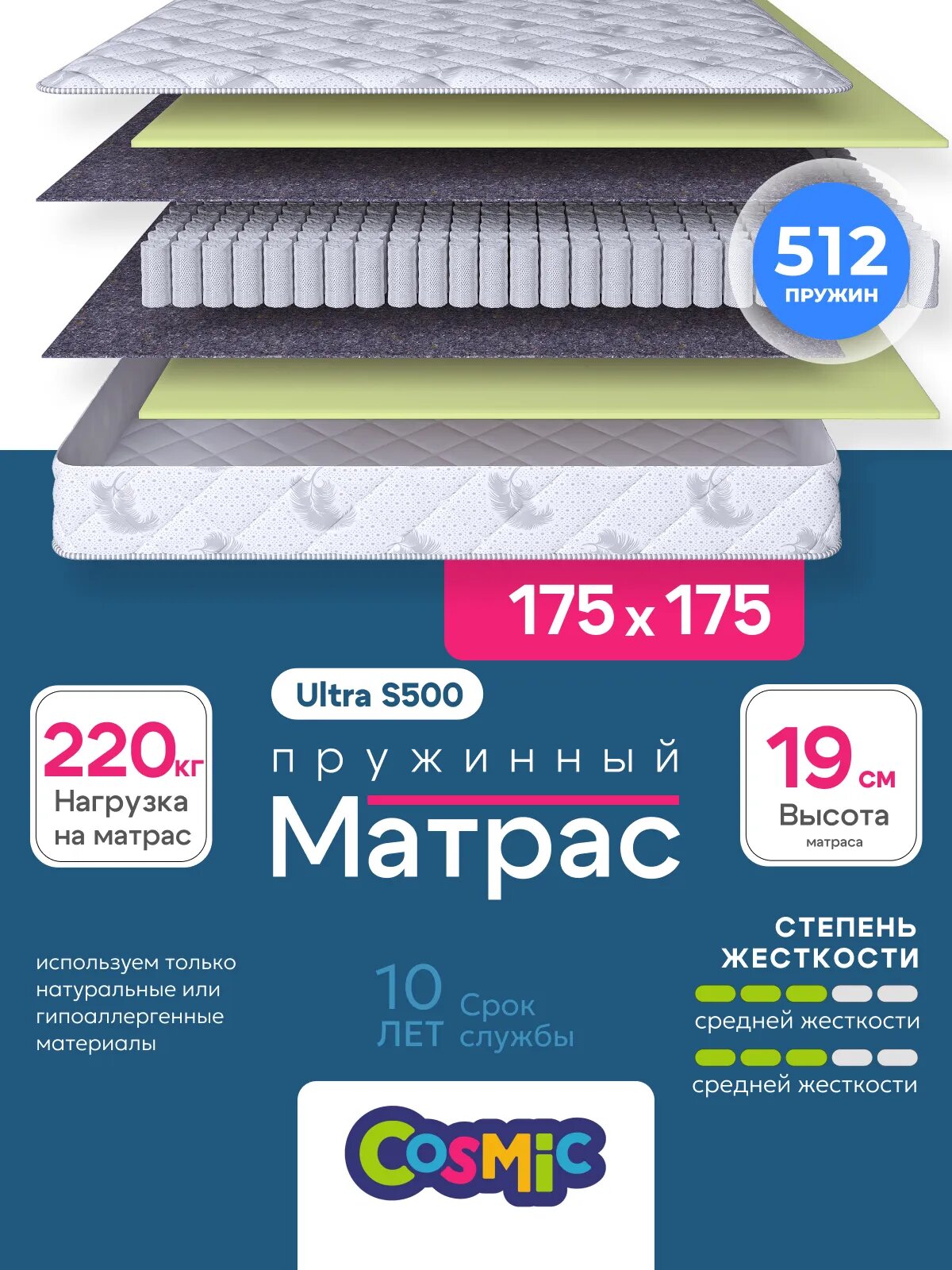 Матрас Cosmic Ultra 175x175 см, пружинный, средней жесткости, высота 20 см, анатомическая поддержка