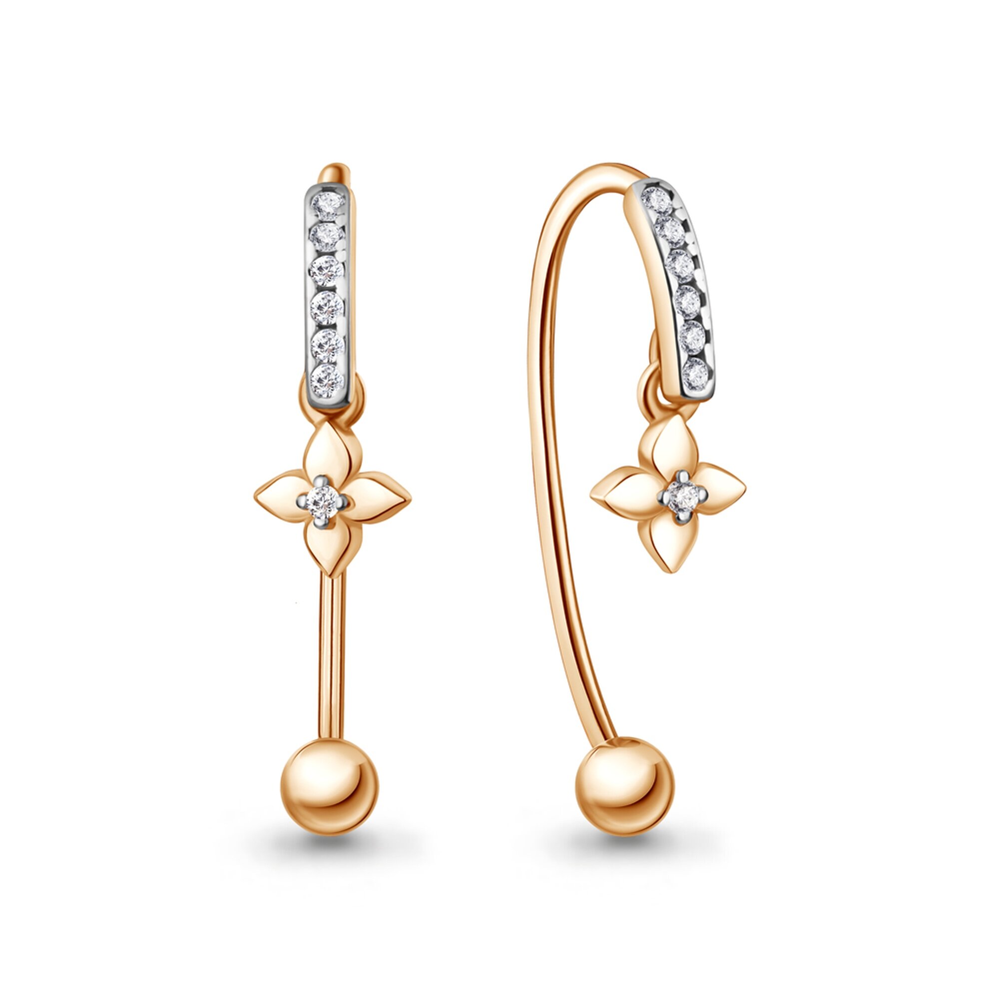 Серьги, серебро, 925 проба, золочение, фианит