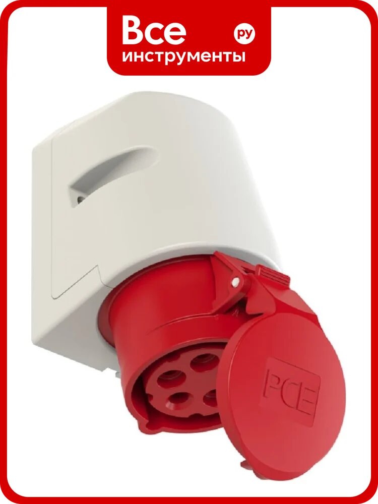 Настенная розетка PCE 16А 380V 3P+N+E IP44 115-6, корпус из полиамида, красный цвет, наружный монтаж с защитой