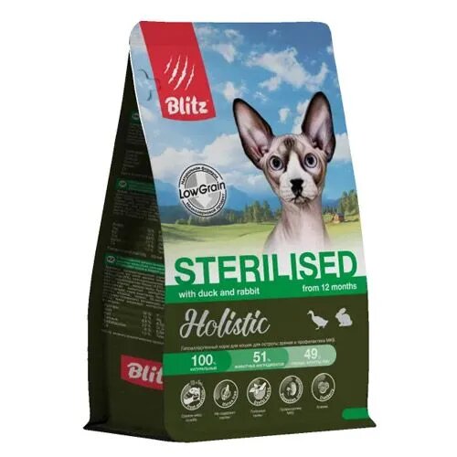 Blitz Holistic Sterilised / Полнорационный сухой корм Блиц для стерилизованных кошек (Утка и кролик), 5 кг