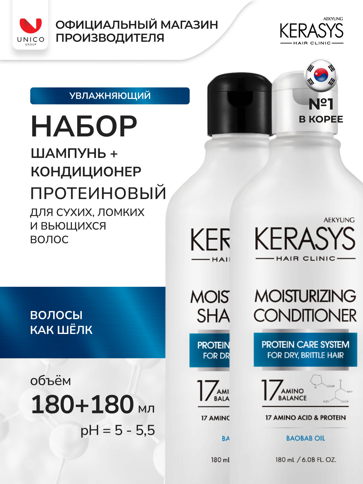 Kerasys Набор шампунь и кондиционер для волос Увлажняющий CLINIC 2х180 мл, для кудрявых и вьющихся волос, Корея
