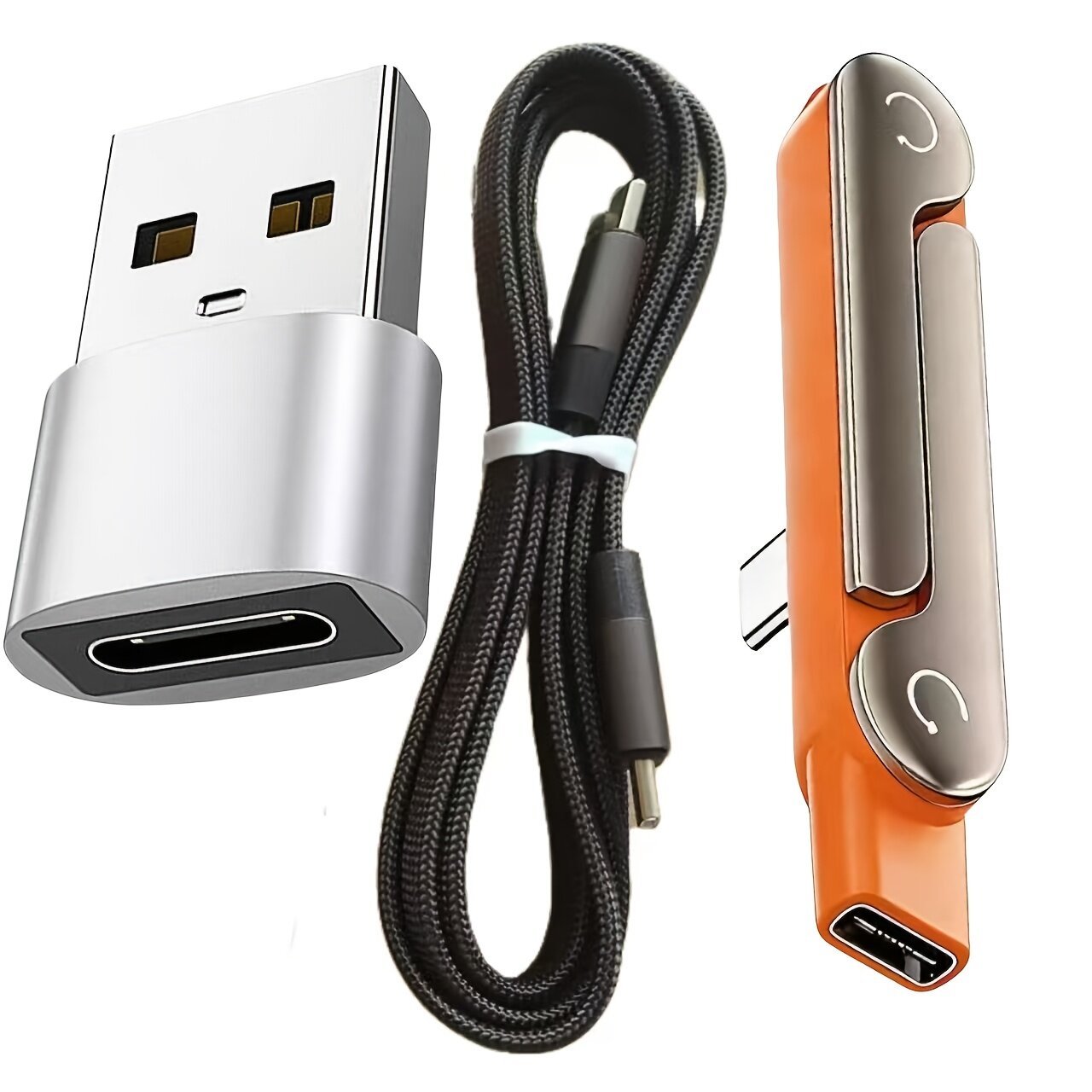 Набор из 3 зарядных устройств USB-C со встроенной складной подставкой, цвет: серебристый, черный, оранжевый, с переходником USB-C на USB-A и кабелем данных USB-C на USB-C