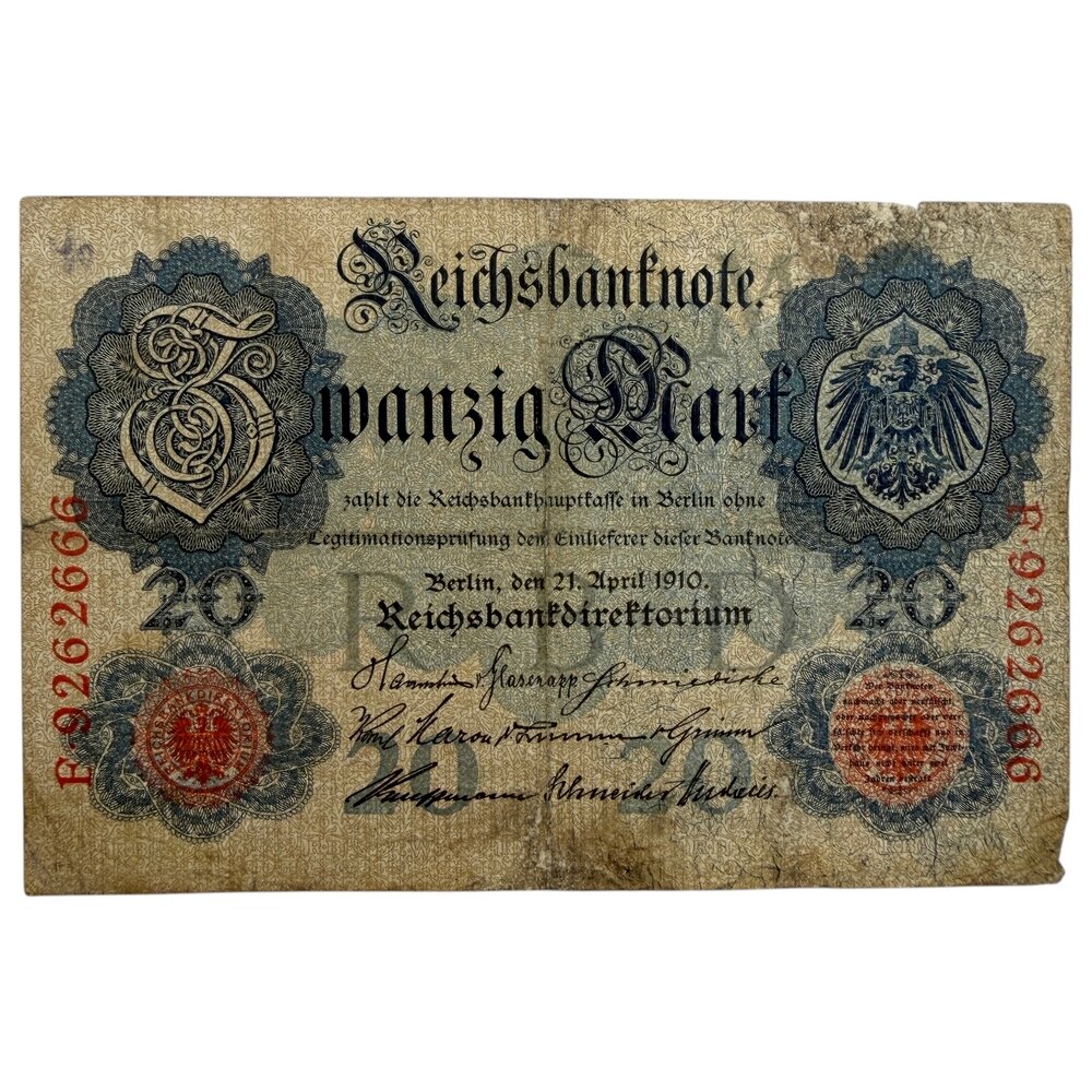 Германская империя (Германия) 20 марок 1910 г. (Без ВЗ) (Литера M) (Серия F) (7-значный номер)