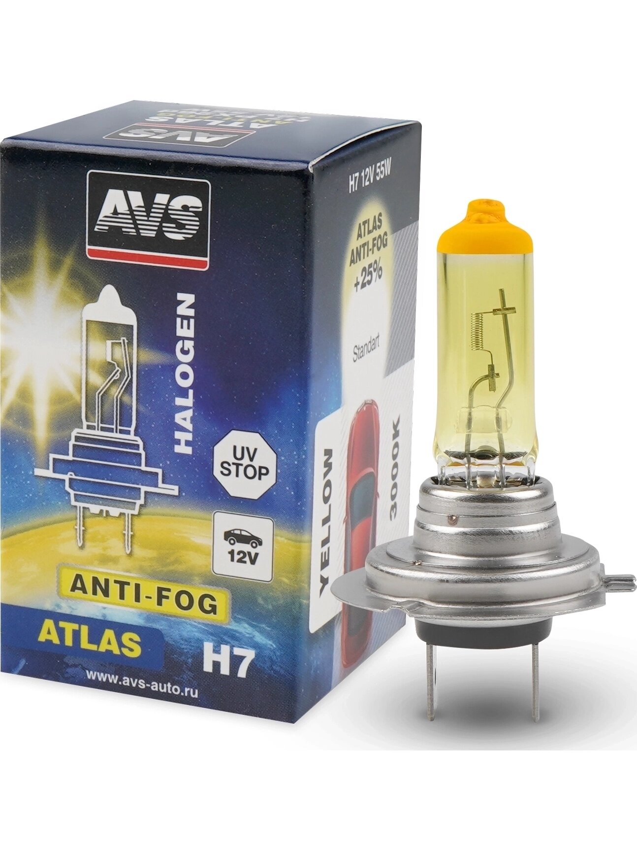 Галогенная лампа AVS ATLAS ANTI-FOG H7 1шт. 3000К 12V 55W - специальное интерференционное покрытие, придающее свету желтоватый оттенок, кварцевое стекло