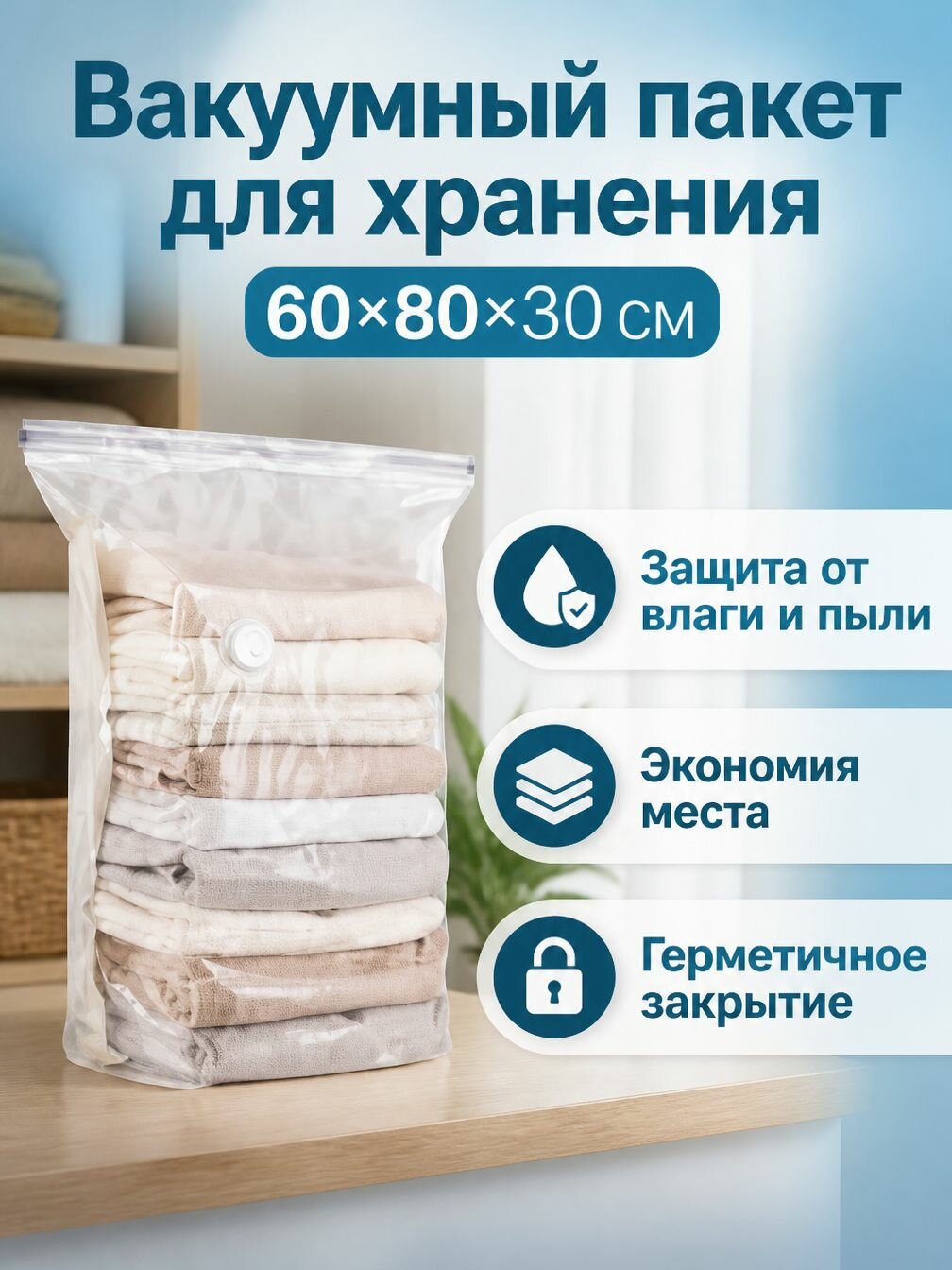 Вакуумный компрессионный мешок объемный 60 80 30 см: для курток и тонких одеял, прозрачный, без насоса