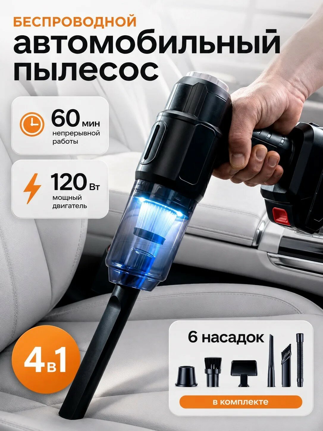 Пылесос автомобильный мощный аккумуляторный беспроводной 4 в 1