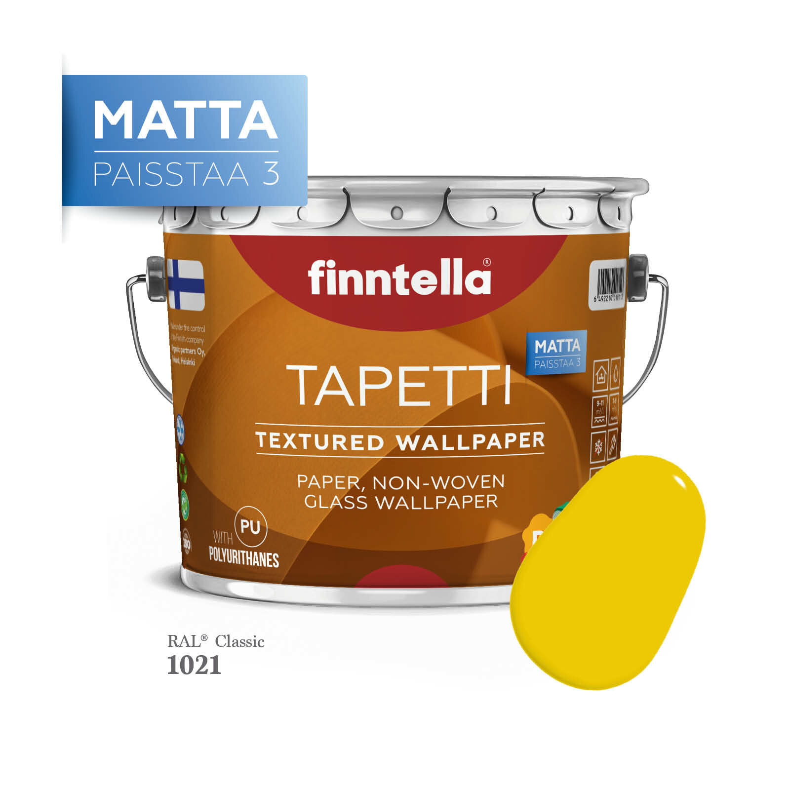 Матовая краска для обоев под окраску TAPETTI Matta FINNTELLA, Цвет RAL 1021 Рапсово-желтый (Colza yellow), 2,7л