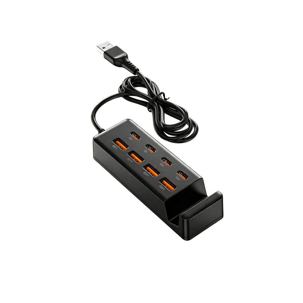 8-портовый USB-зарядный хаб с подставкой для телефона, 4 USB-A и 4 Type-C, быстрая зарядка PD 66W, черный